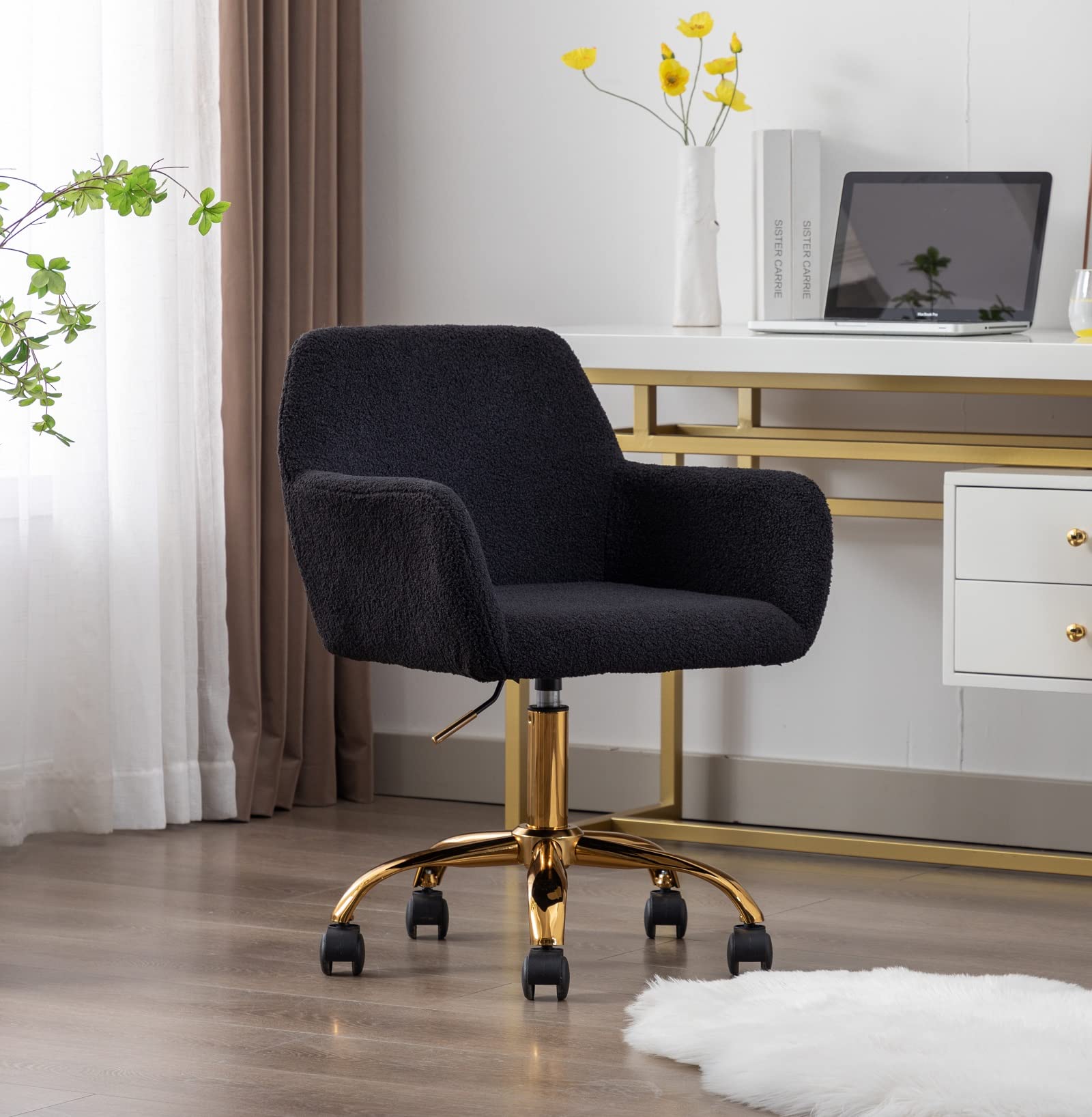 Modern Faux Fur Home Office Chair, Upholstered Swivel Chair Makeup Vanity Chair for Teen Girls Swivel Desk Chair with Gold Base, Height Adjustable Leisure Elegant Office Chair, Black