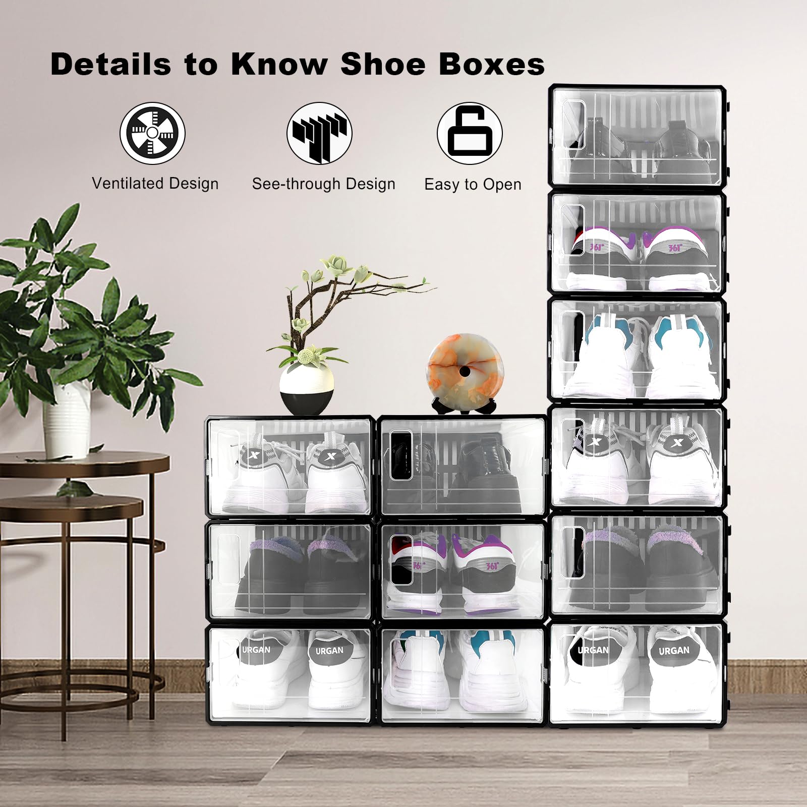 JOCHER 12 Pack Modern Black Plastic Shoe Boxes, Sturdy Flip Top Lids, Space Saving Foldable Shoe Organizer Boxes with Lids, Holds 12 Pairs of Shoes, Ideal for Bathroom Closet, Bedroom, Entryway