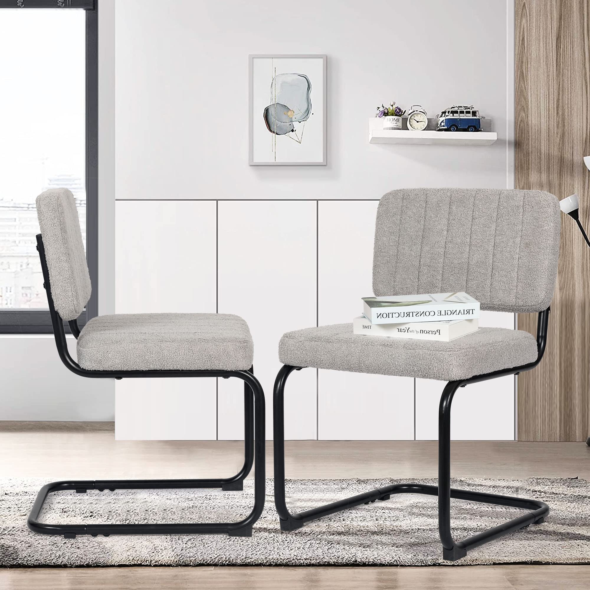 Adeco Velvet Dining Set of 2, Comfy Back & Chrome Metal Base, Modern Upholstered Armless Chairs Seat for Bedroom Living Room Side Table, Grey