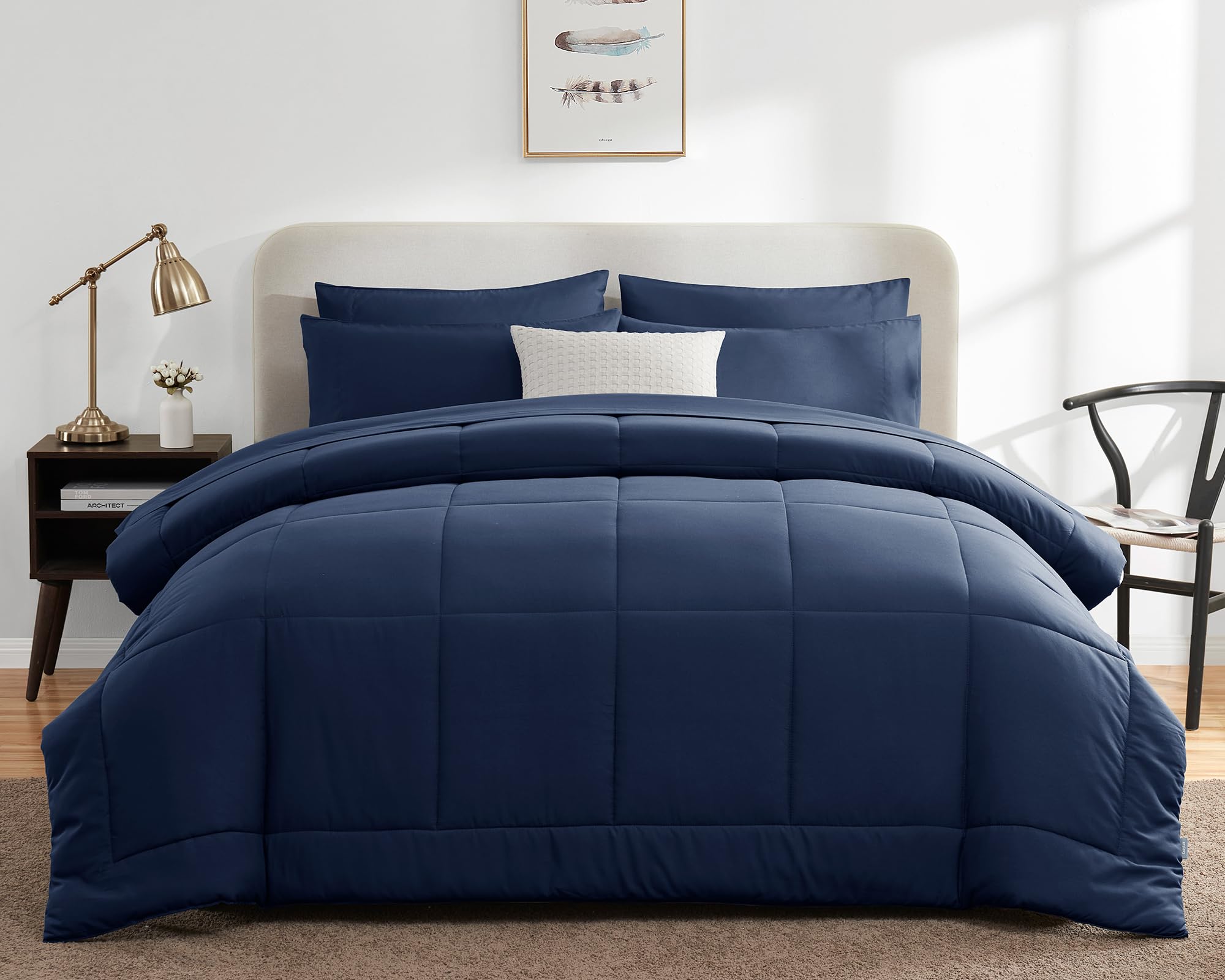 CozyLux Navy Blue Bed in a Bag - 7 Piece Comforter Set, Quilted Comforter (Queen), All Season, Flat & Fitted Sheets, Pillowcases