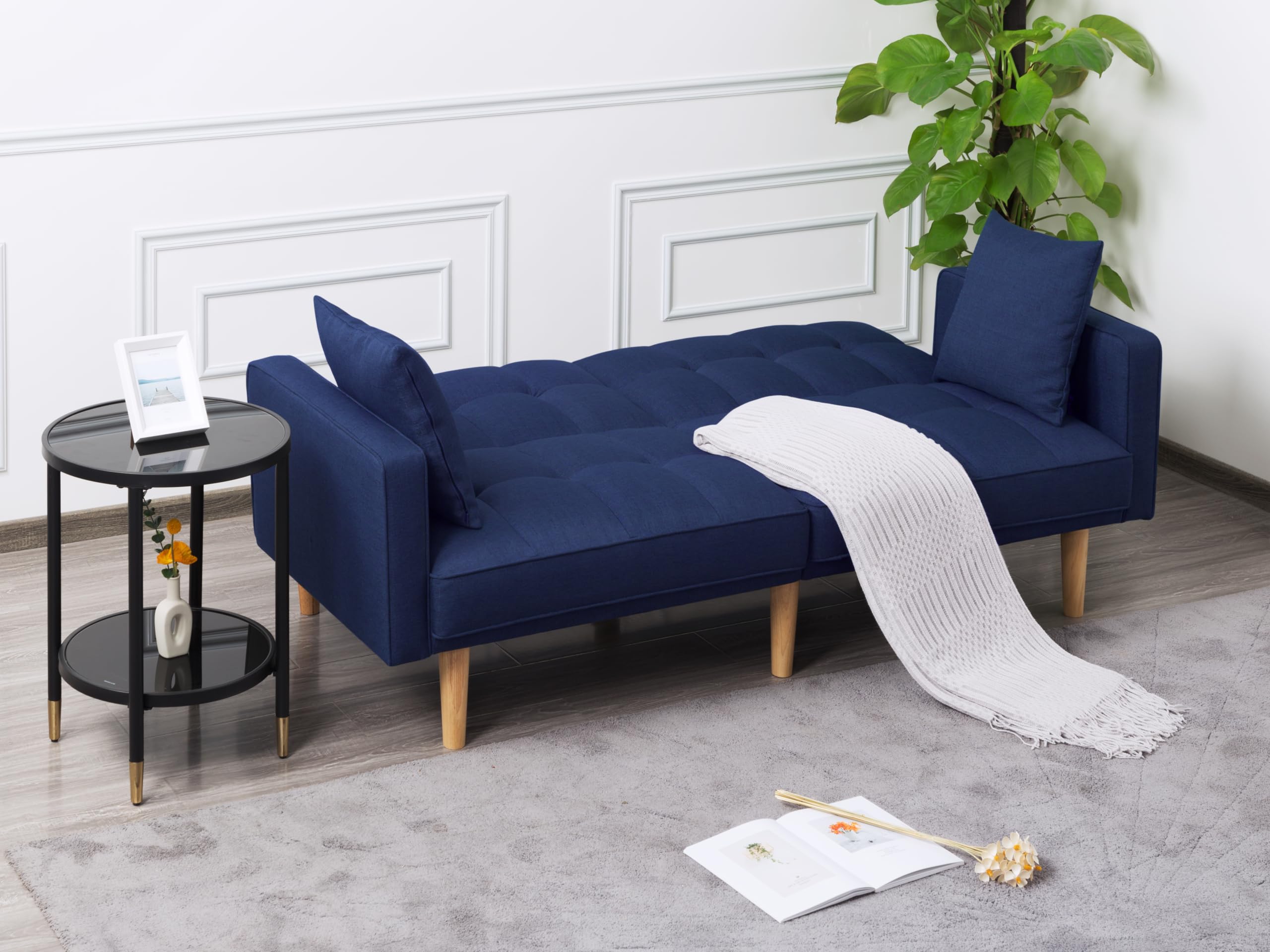 LCH Modern Tuft Futon Couch Convertible Loveseat Reclining Twin Size with Arms and 2 Pillows for Living Room, Navy Blue, Sleeper Sofa Bed 2