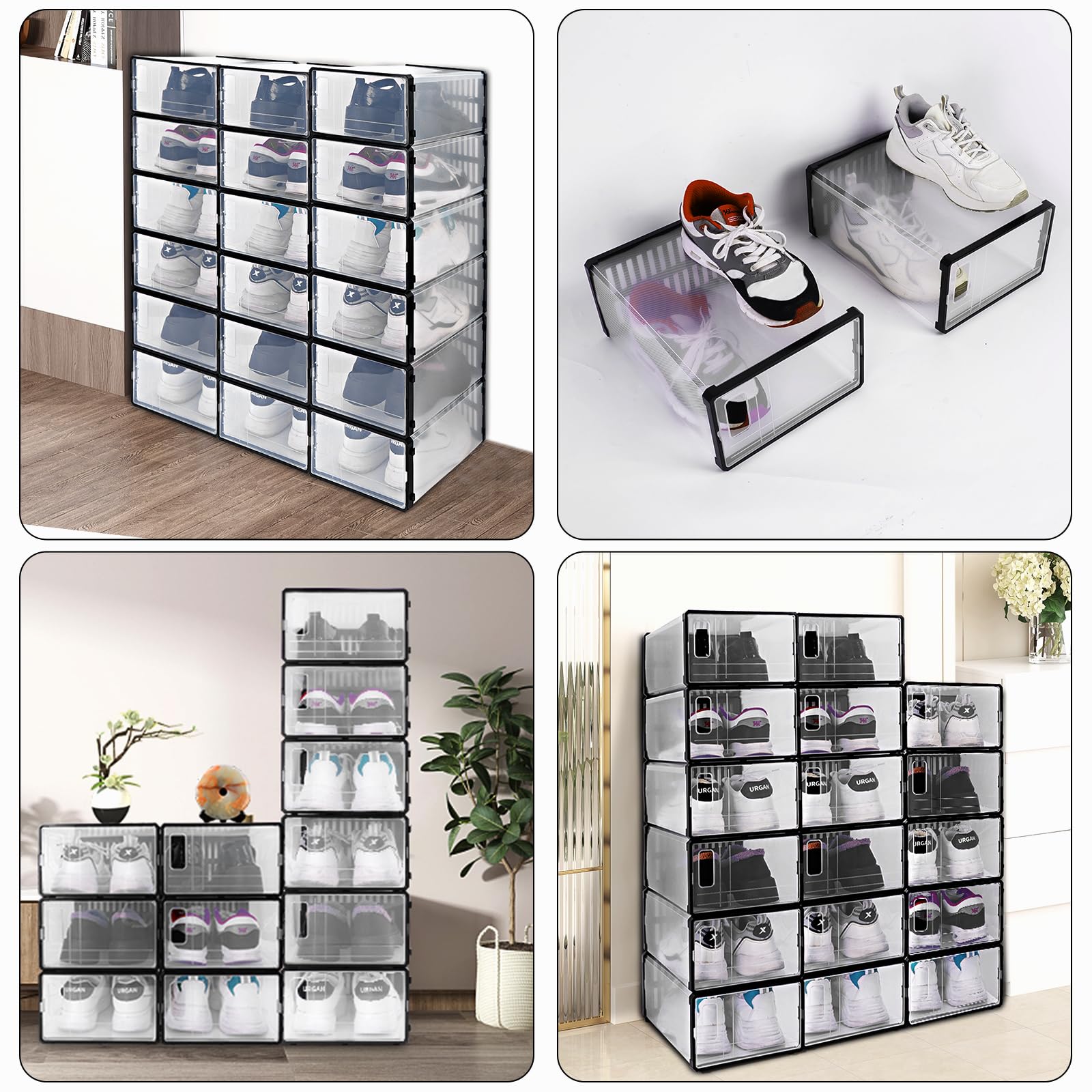 JOCHER 12 Pack Modern Black Plastic Shoe Boxes, Sturdy Flip Top Lids, Space Saving Foldable Shoe Organizer Boxes with Lids, Holds 12 Pairs of Shoes, Ideal for Bathroom Closet, Bedroom, Entryway
