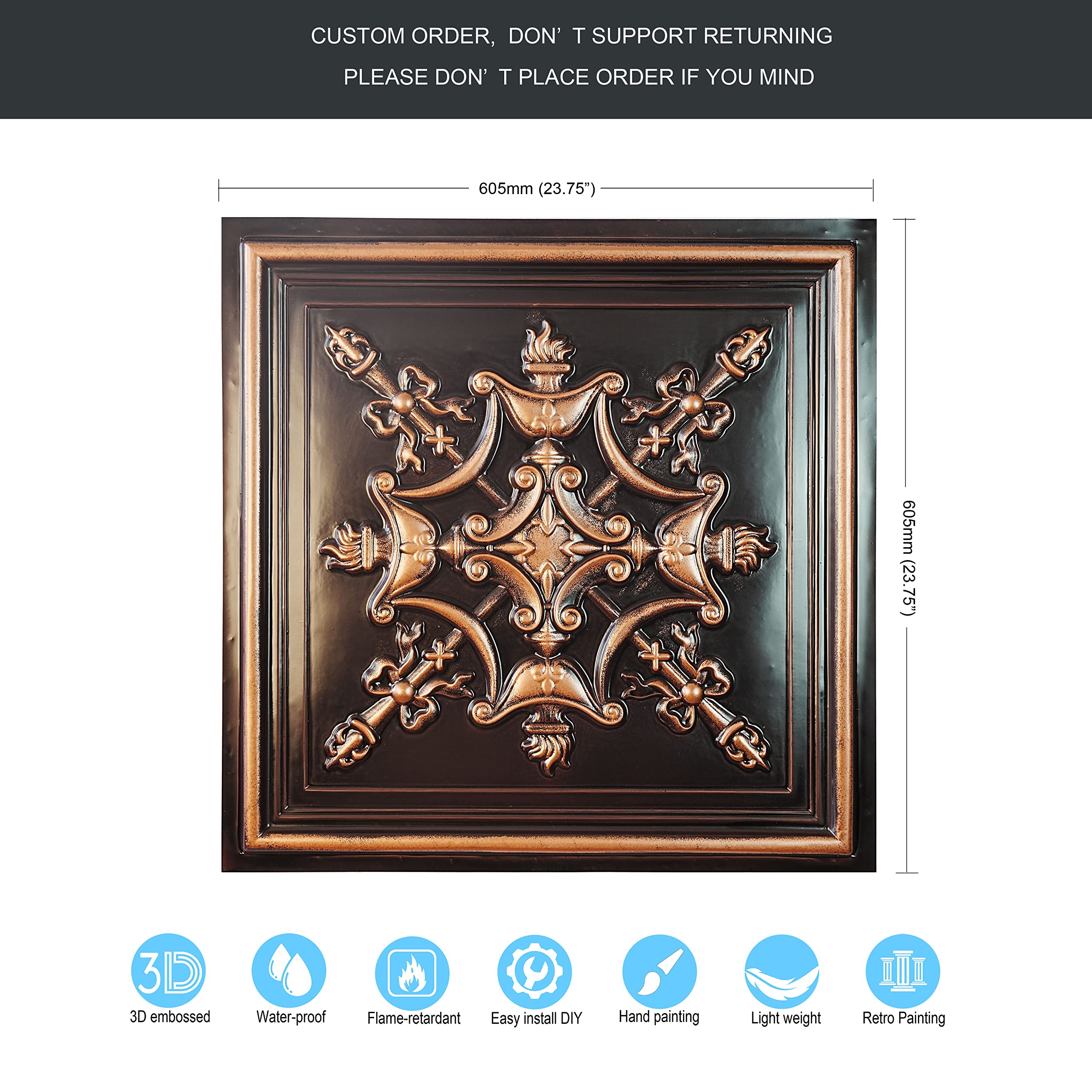 PAINTSDECOR PVC Tin Ceiling Tiles 3D Stereo Embossed Panel Antique Suspended Ceiling Board for Cafe Club Salon 2'x2' PL07 Traditional Copper 10pcs/lot
