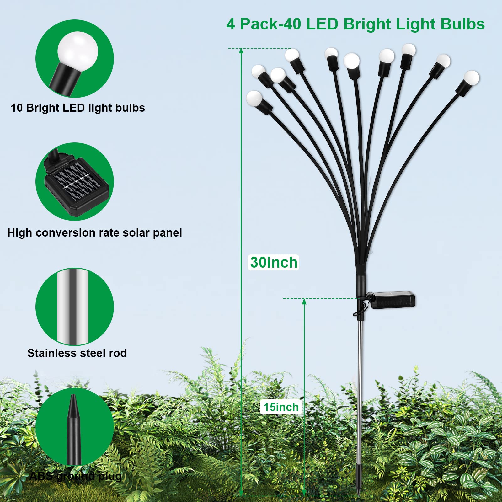 Salangae Solar Garden Lights, Solar Firefly Lights 4 Pack 40 LEDs, Sway by Wind, Solar Swaying Lights with IP65 Waterproof, Yard Patio Pathway Decoration, High Flexibility Iron Wire, Warm White