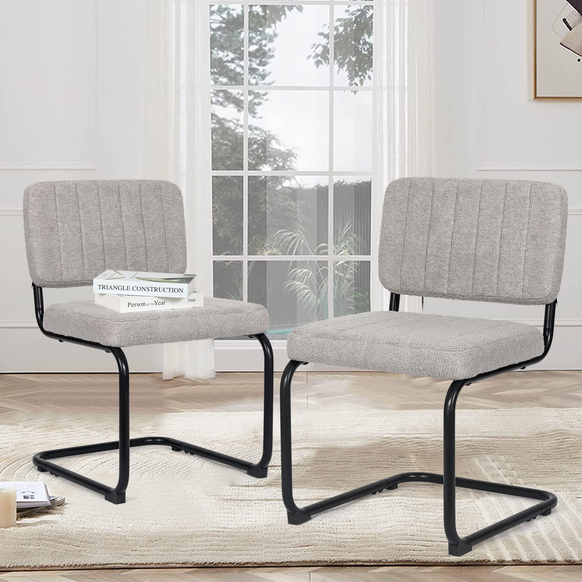 Adeco Velvet Dining Set of 2, Comfy Back & Chrome Metal Base, Modern Upholstered Armless Chairs Seat for Bedroom Living Room Side Table, Grey