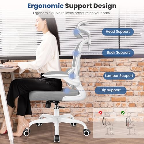 Razzor Ergonomic Office Chair, High Back Mesh Desk Chair with Lumbar Support and Adjustable Headrest, Computer Gaming Chair with Flip-up Armrests, Executive Swivel Chair for Home Office (LightGray)