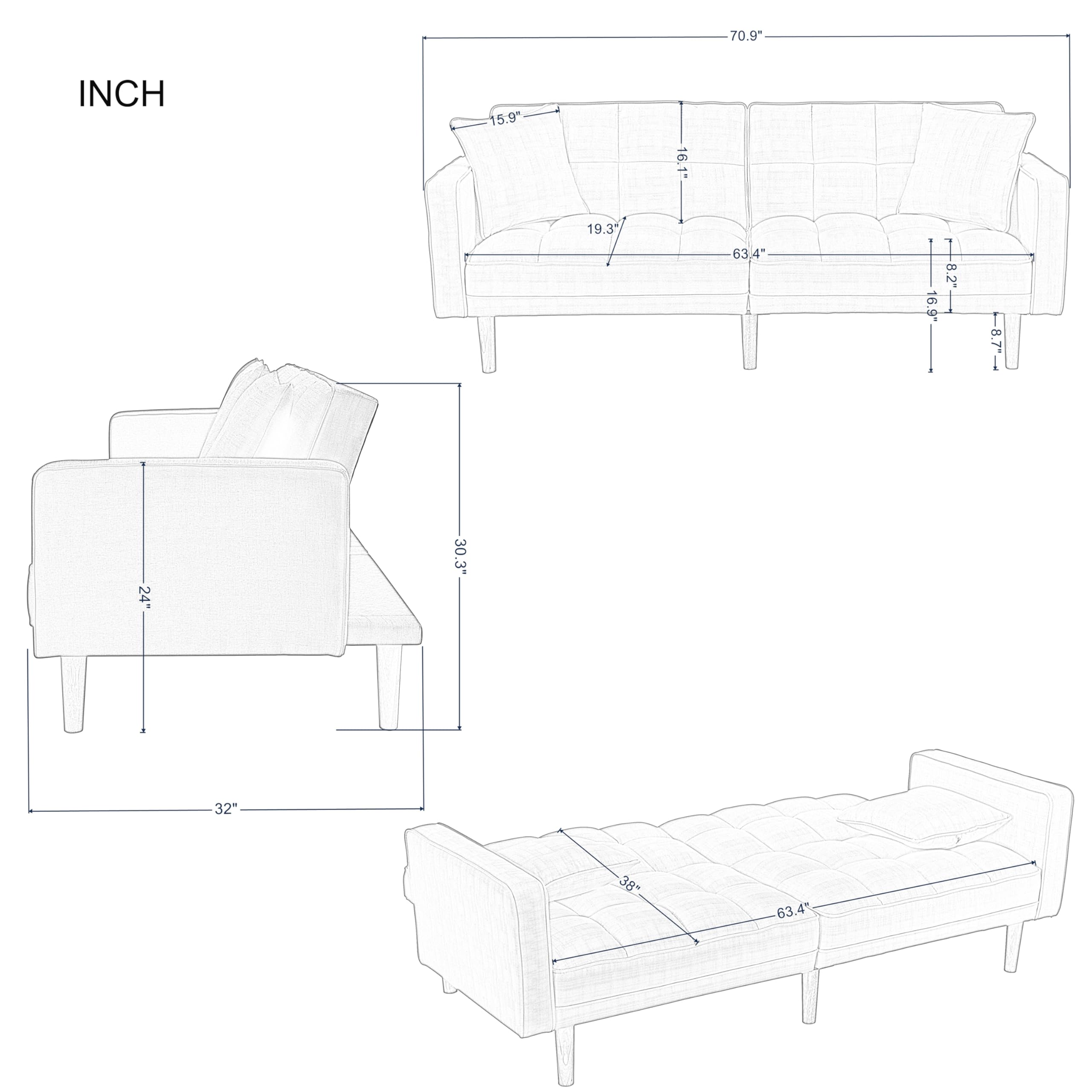 LCH Modern Tuft Futon Couch Convertible Loveseat Reclining Twin Size with Arms and 2 Pillows for Living Room, Navy Blue, Sleeper Sofa Bed 2