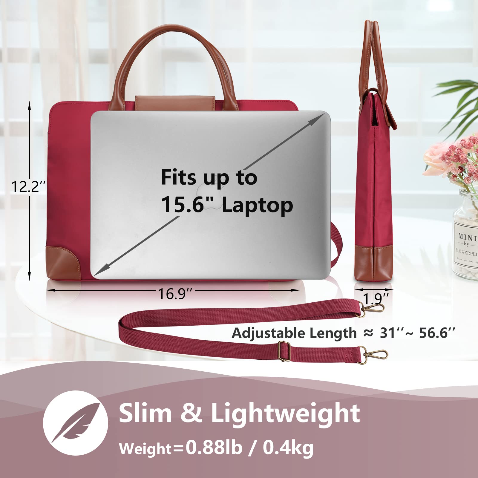 Fintie Laptop Tote Bag 15.6 Inch Computer Bag Teacher Work Handbag Business Office Travel Shoulder Messenger Bag, Burgundy