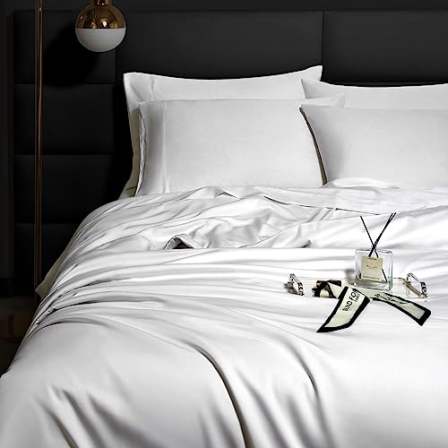 HYPREST Cooling Duvet Cover, Rayon Derived from Bamboo, 400 Thread Count Silky Soft White Cooling Duvet Cover Set Luxury Comforter Cover with Zipper and Coner Ties, Skin Friendly & Moisture-Absorbing