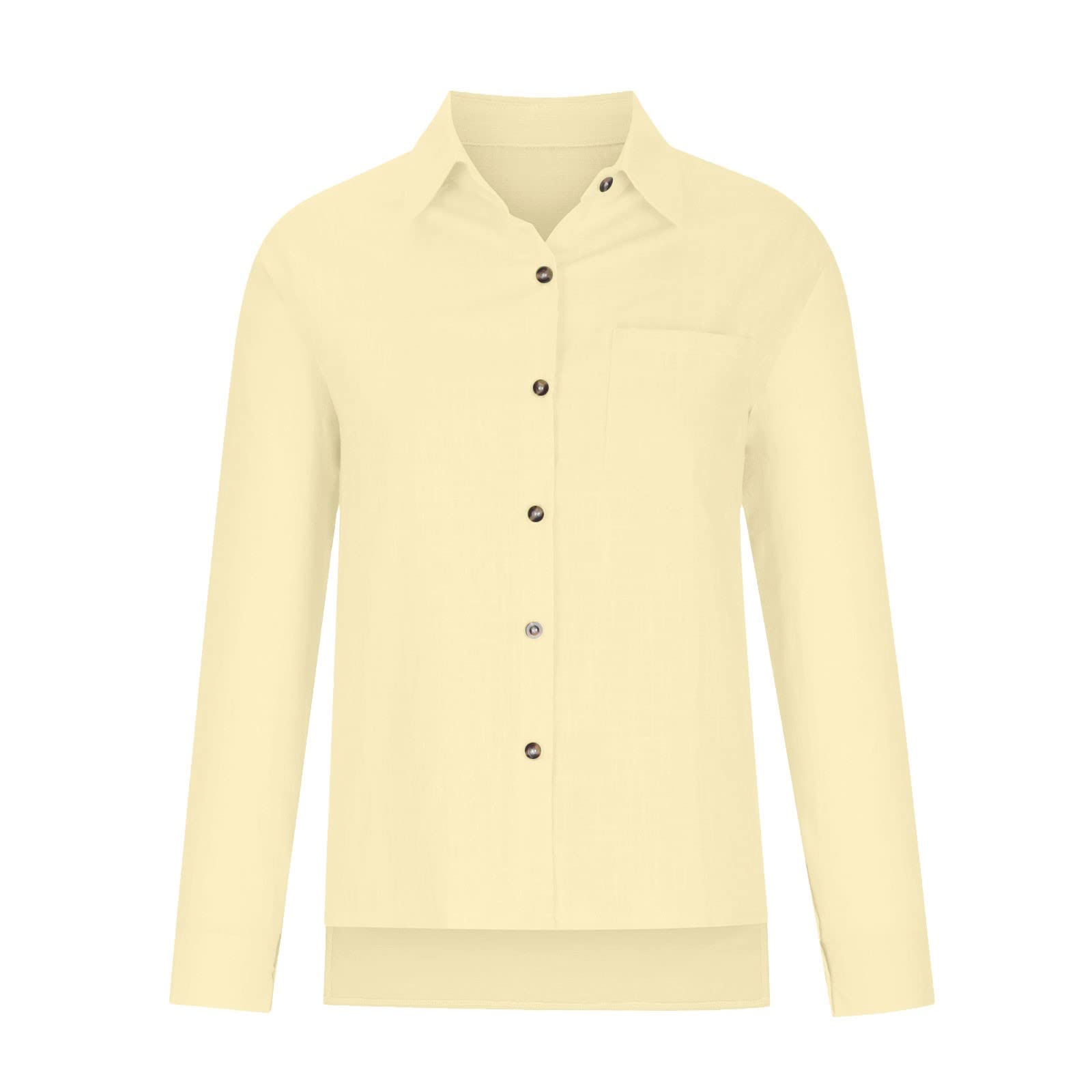 Womens Linen Tops 2023 Suumer Cotton Button Down Long Sleeve Blouse Casual V-Neck Roll Up Gauze Shirts Loose Fit Solid Color Trendy Comfy Lightweight Plus Size Ruffle Hem Tee(C-Beige,3XL