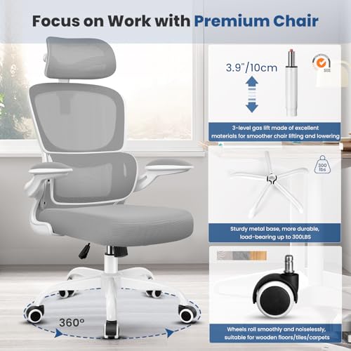 Razzor Ergonomic Office Chair, High Back Mesh Desk Chair with Lumbar Support and Adjustable Headrest, Computer Gaming Chair with Flip-up Armrests, Executive Swivel Chair for Home Office (LightGray)