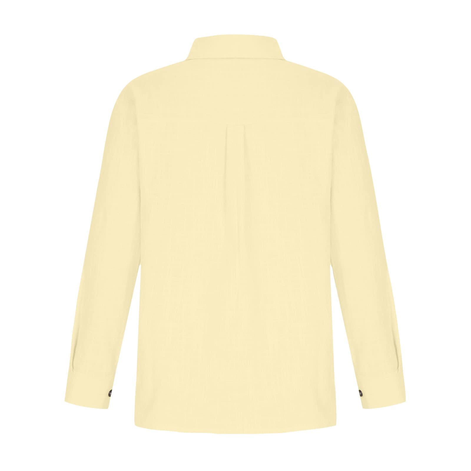 Womens Linen Tops 2023 Suumer Cotton Button Down Long Sleeve Blouse Casual V-Neck Roll Up Gauze Shirts Loose Fit Solid Color Trendy Comfy Lightweight Plus Size Ruffle Hem Tee(C-Beige,3XL