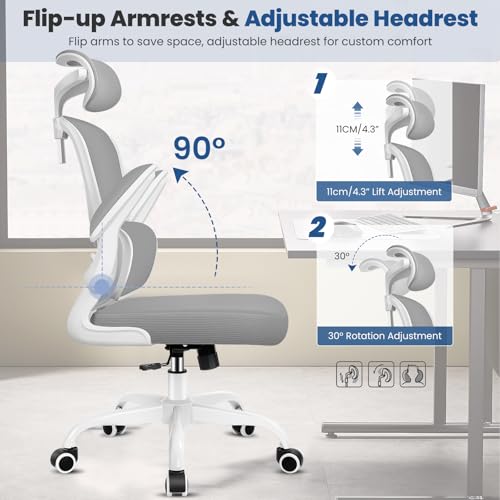 Razzor Ergonomic Office Chair, High Back Mesh Desk Chair with Lumbar Support and Adjustable Headrest, Computer Gaming Chair with Flip-up Armrests, Executive Swivel Chair for Home Office (LightGray)