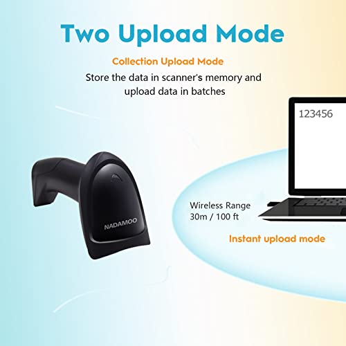 NADAMOO Wireless Barcode Scanner with Stand 2-in-1 2.4G Wireless & Wired USB Bar Code Scanner Handheld Laser Bar Code Reader Automatic Hand Scanner for Computer POS Warehouse Inventory Library