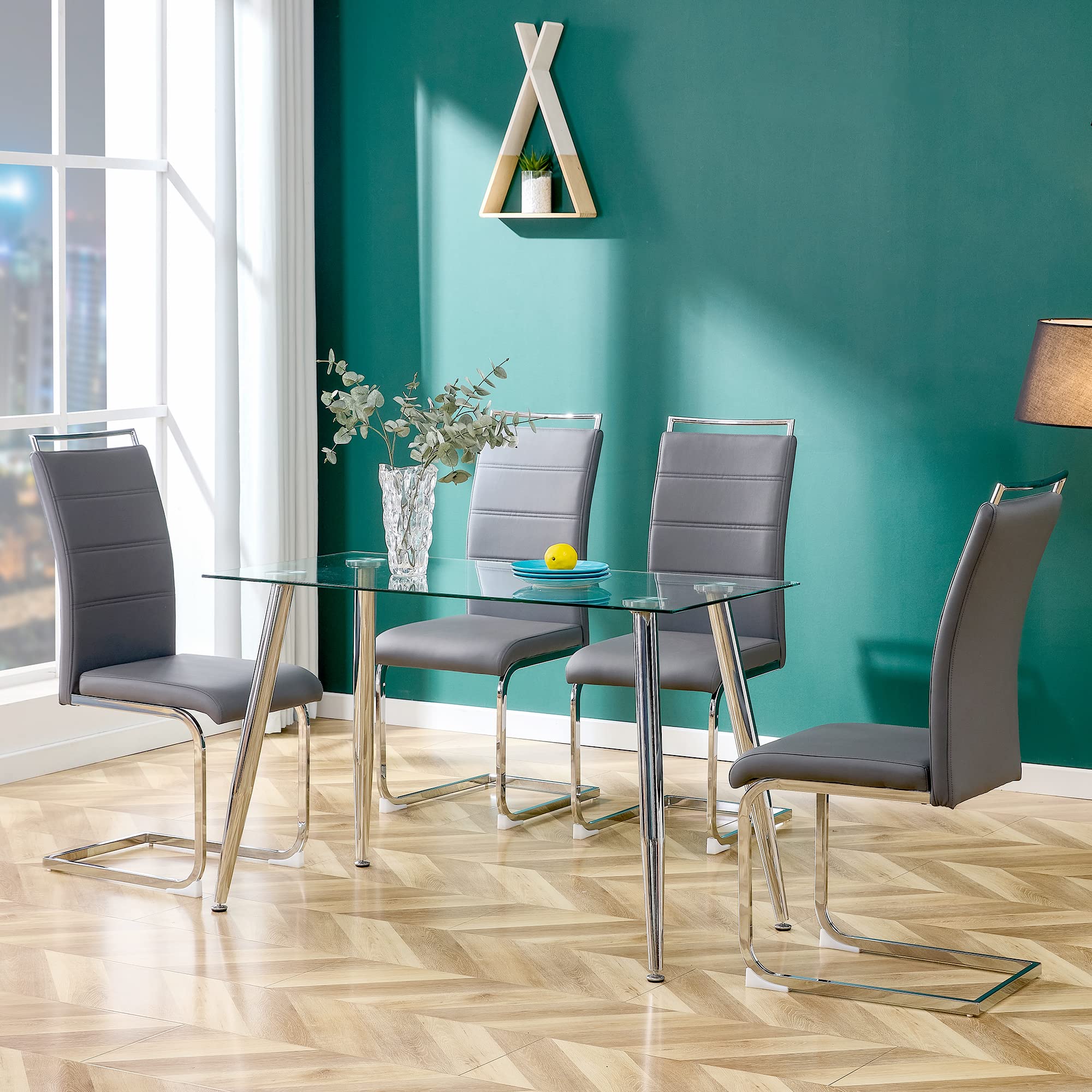 Pvillez Glass Dining Table Set for 4, Table and Chairs Dining Set for 4, 5 Piece Dining Table Set, 51" Rectangular Glass Dining Table with Chrome Legs & 4 PU Leather Stripes Dining Chairs (Grey)