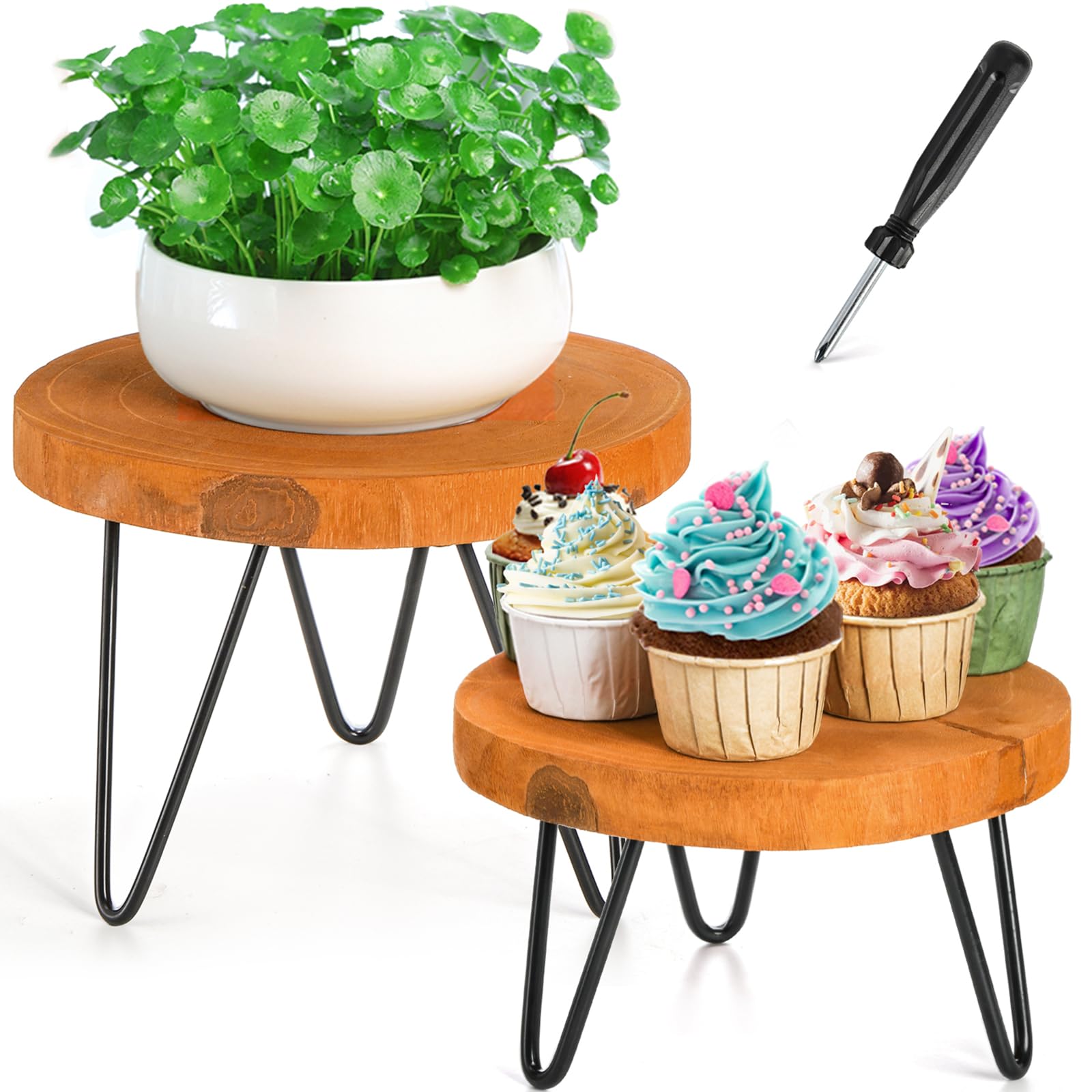 DEAYOU 2 Pack Small Wood Display Stand, 10"/ 8" Round Wooden Cupcake Pedestal, Paulownia Wood Slice Stand with Metal Leg for Plants, Rustic Wedding Cake Holder Slab Tray for Decor, Flower Pots, Table
