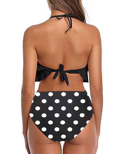 Tempt Me Women Black Polka Dot Two Piece Swimsuits High Waisted Bikini Teen Ruffle Tummy Control Bottoms Halter Bathing Suits M