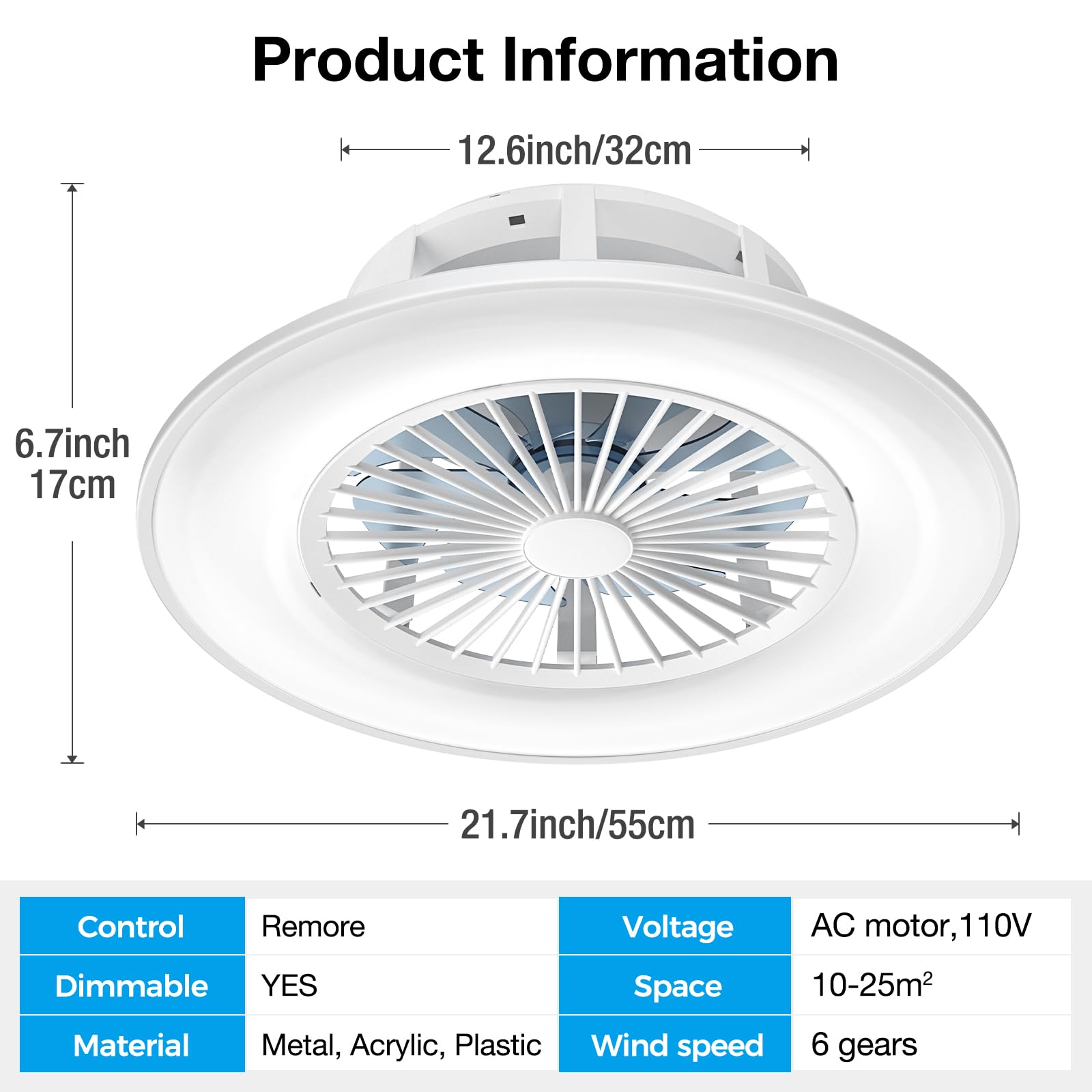 22 Inch Ceiling Fan with Lights Remote Control, Bladeless Bedroom Ceiling Fans with Lights Dimmable, 6 Speeds LED Ceiling Fan Quiet, Night Light/Color Temperature Adjustment/Timing Off/App Control
