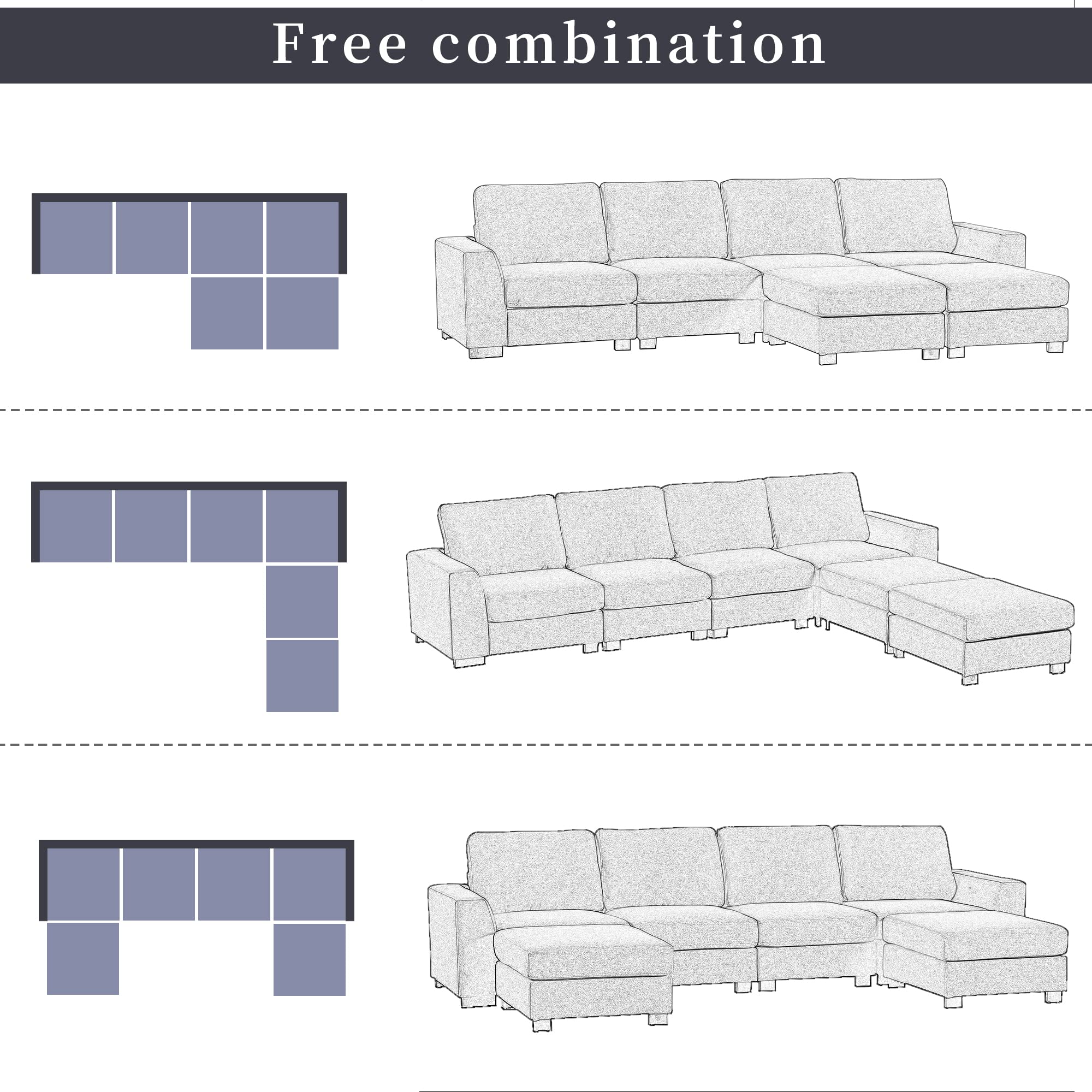 KLMM Modern 3 Pieces U Shaped Sectional Sofa,Chaise Lounge Couch with Removable Ottomans,for Apartment Living Room Furniture Sets (Beige@y)
