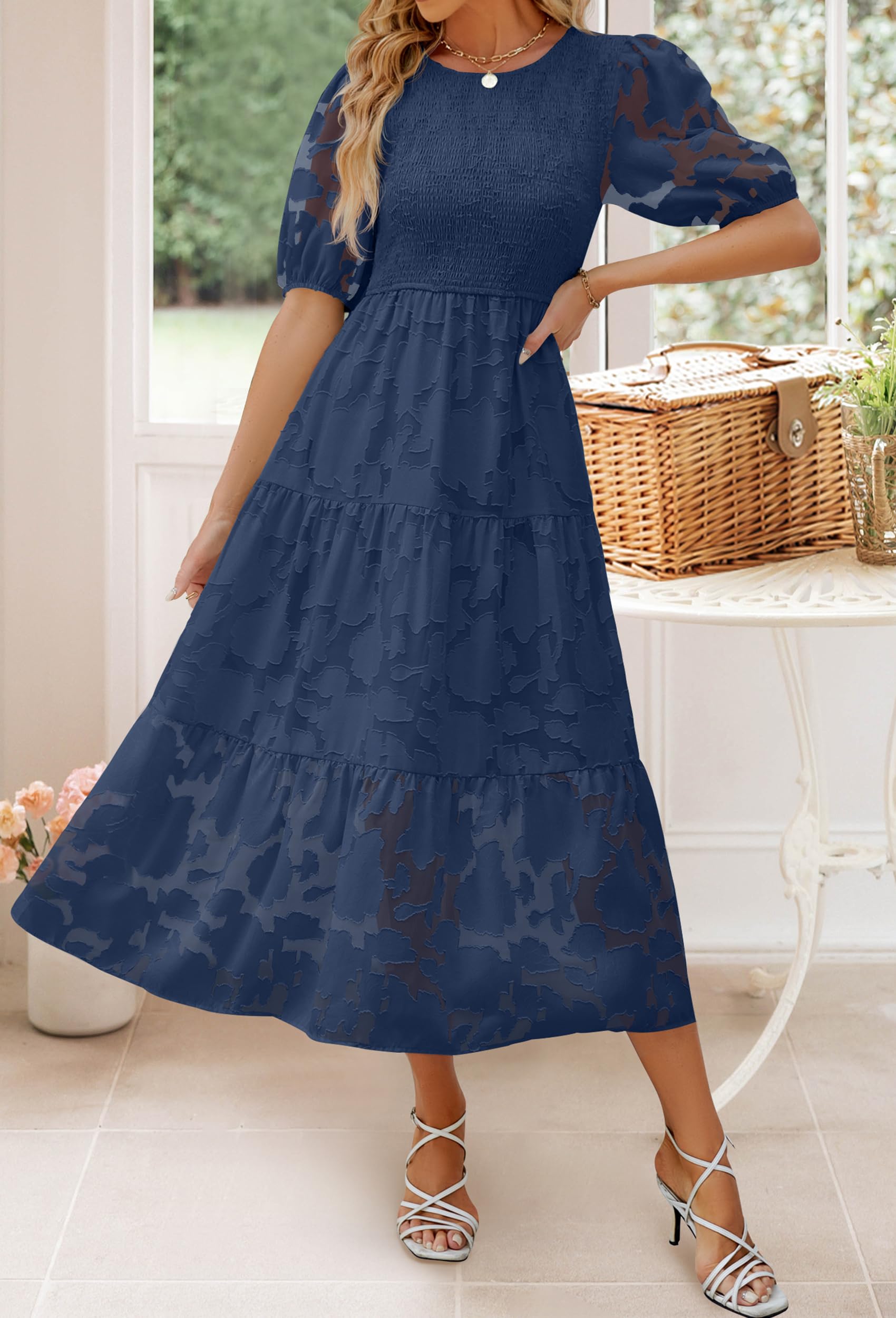 ZESICA Women's 2025 Summer Short Puff Sleeve Crewneck Smocked Floral Lace Flowy A Line Tiered Maxi Dresses,Navy,Large