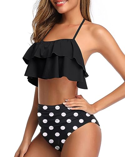 Tempt Me Women Black Polka Dot Two Piece Swimsuits High Waisted Bikini Teen Ruffle Tummy Control Bottoms Halter Bathing Suits M