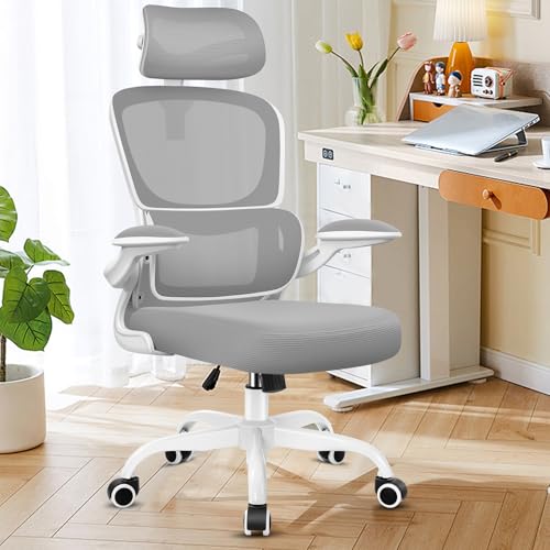 Razzor Ergonomic Office Chair, High Back Mesh Desk Chair with Lumbar Support and Adjustable Headrest, Computer Gaming Chair with Flip-up Armrests, Executive Swivel Chair for Home Office (LightGray)