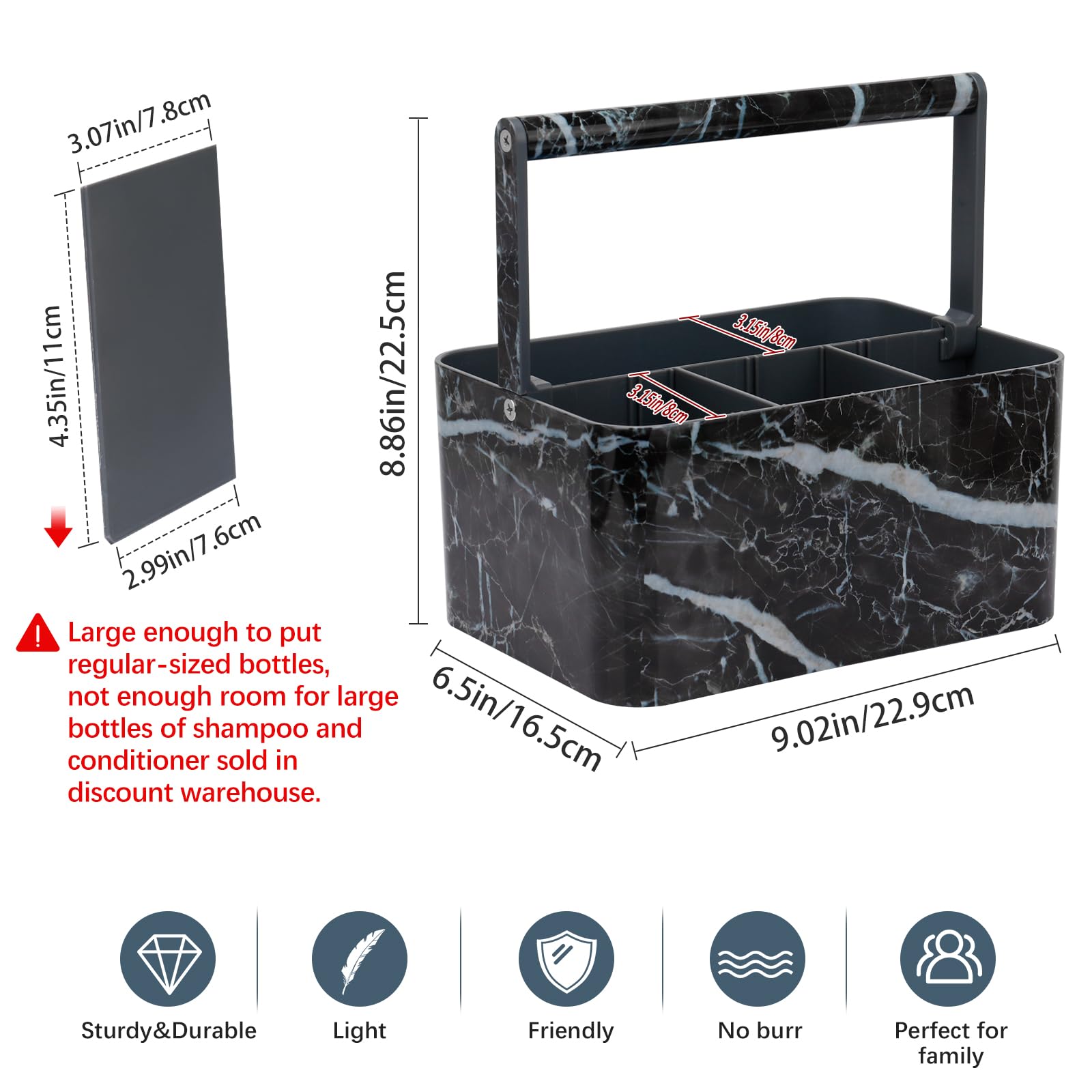 BYUNER Plastic Shower Caddy Dorm: Portable Bathroom Caddy Organizer for College with Handle and Adjustable Divider, Utility Hard Shower Basket Bin Tote for Toiletry,Shampoo,Soap,Cleaning Product Black