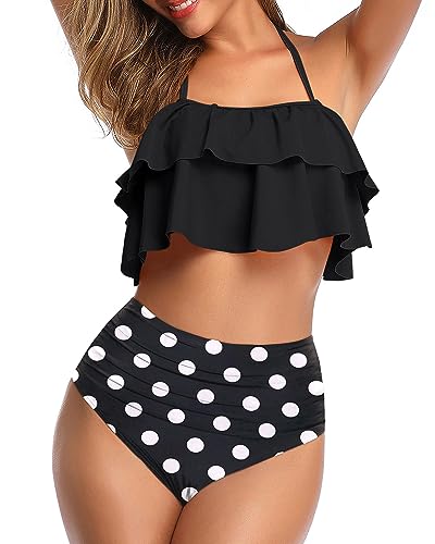 Tempt Me Women Black Polka Dot Two Piece Swimsuits High Waisted Bikini Teen Ruffle Tummy Control Bottoms Halter Bathing Suits M