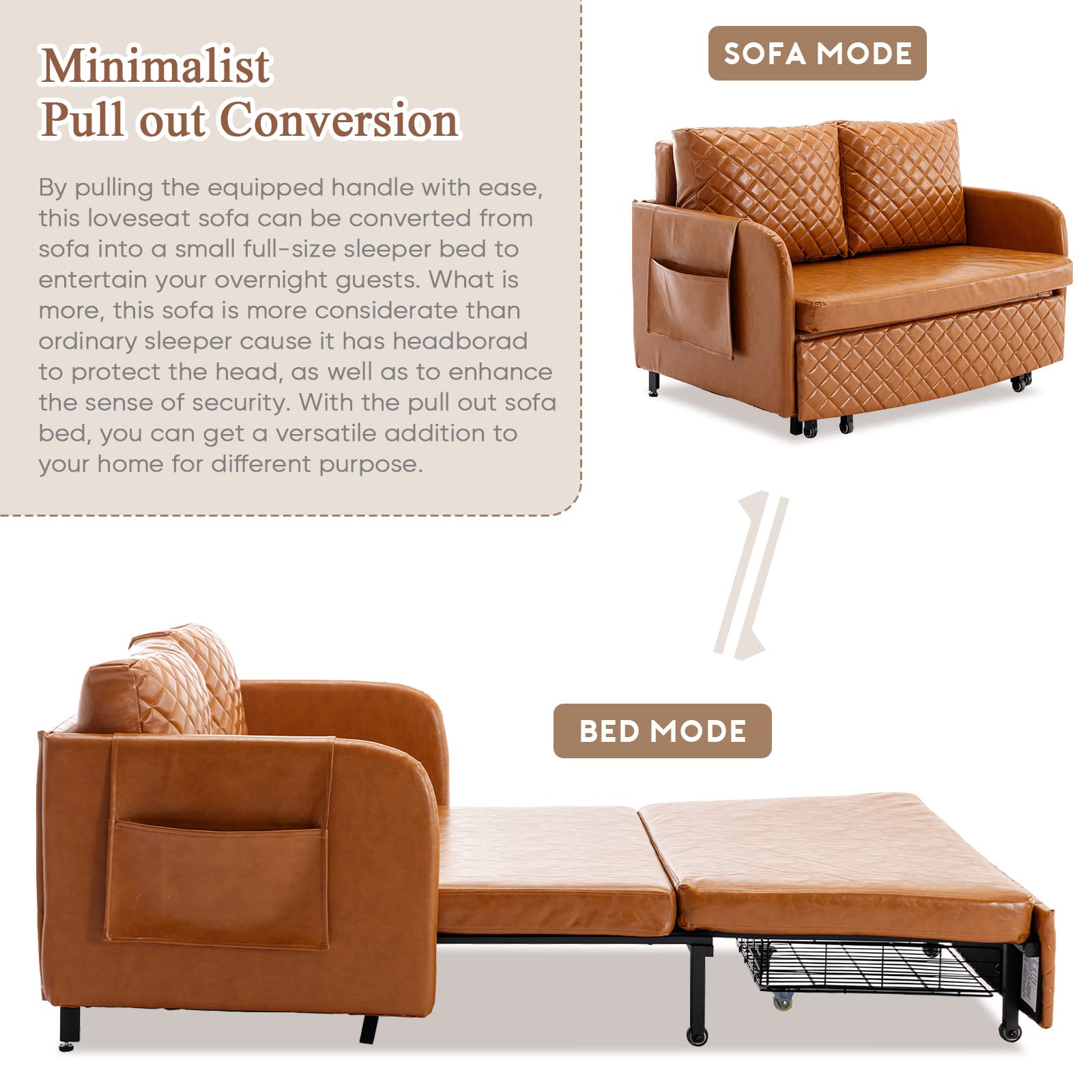 Deolme Convertible Sleeper Sofa Bed, Modern Loveseat Couch with Pull Out Bed, Small Love Seat Futon Sofa Bed with 2 Pillows&Side Pockets&Storage for Living Room,Sofa cama para habitacion (Brown PU)