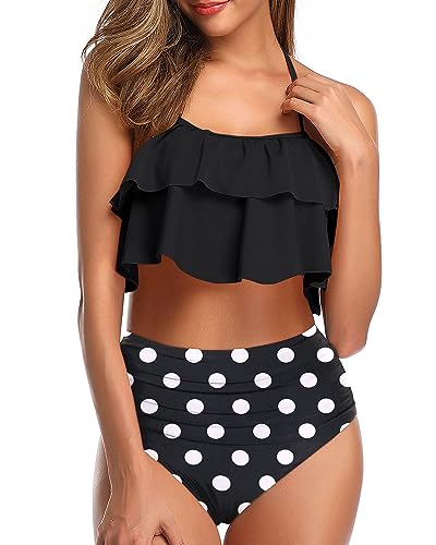 Tempt Me Women Black Polka Dot Two Piece Swimsuits High Waisted Bikini Teen Ruffle Tummy Control Bottoms Halter Bathing Suits M