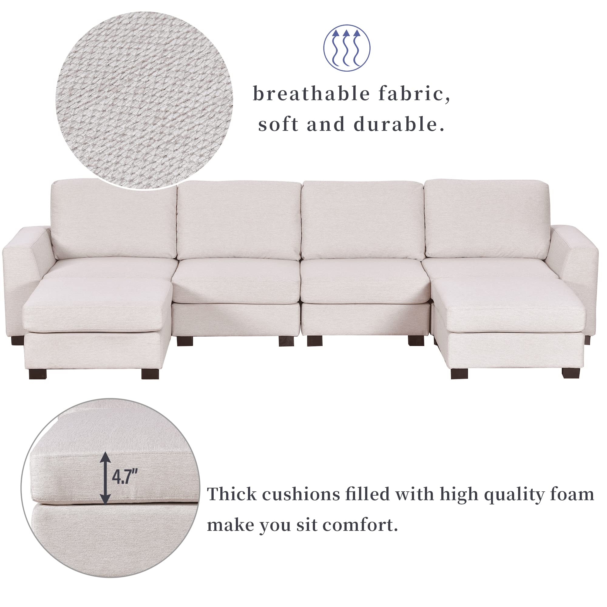 KLMM Modern 3 Pieces U Shaped Sectional Sofa,Chaise Lounge Couch with Removable Ottomans,for Apartment Living Room Furniture Sets (Beige@y)