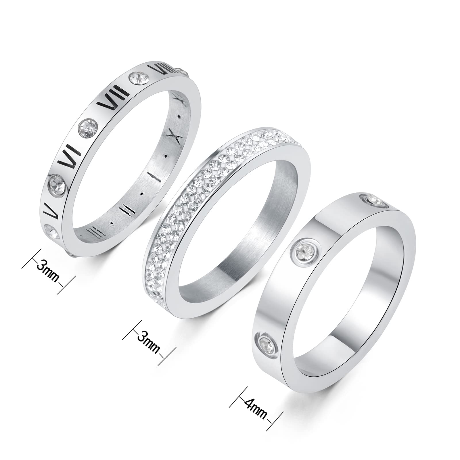 YIKOXI 3pcs Love Friendship Lucky Ring Cubic Zirconia Gold Ring Sets for Women Stainless Steel Wedding Statement Thumb Ring Bands (Silver, 8)