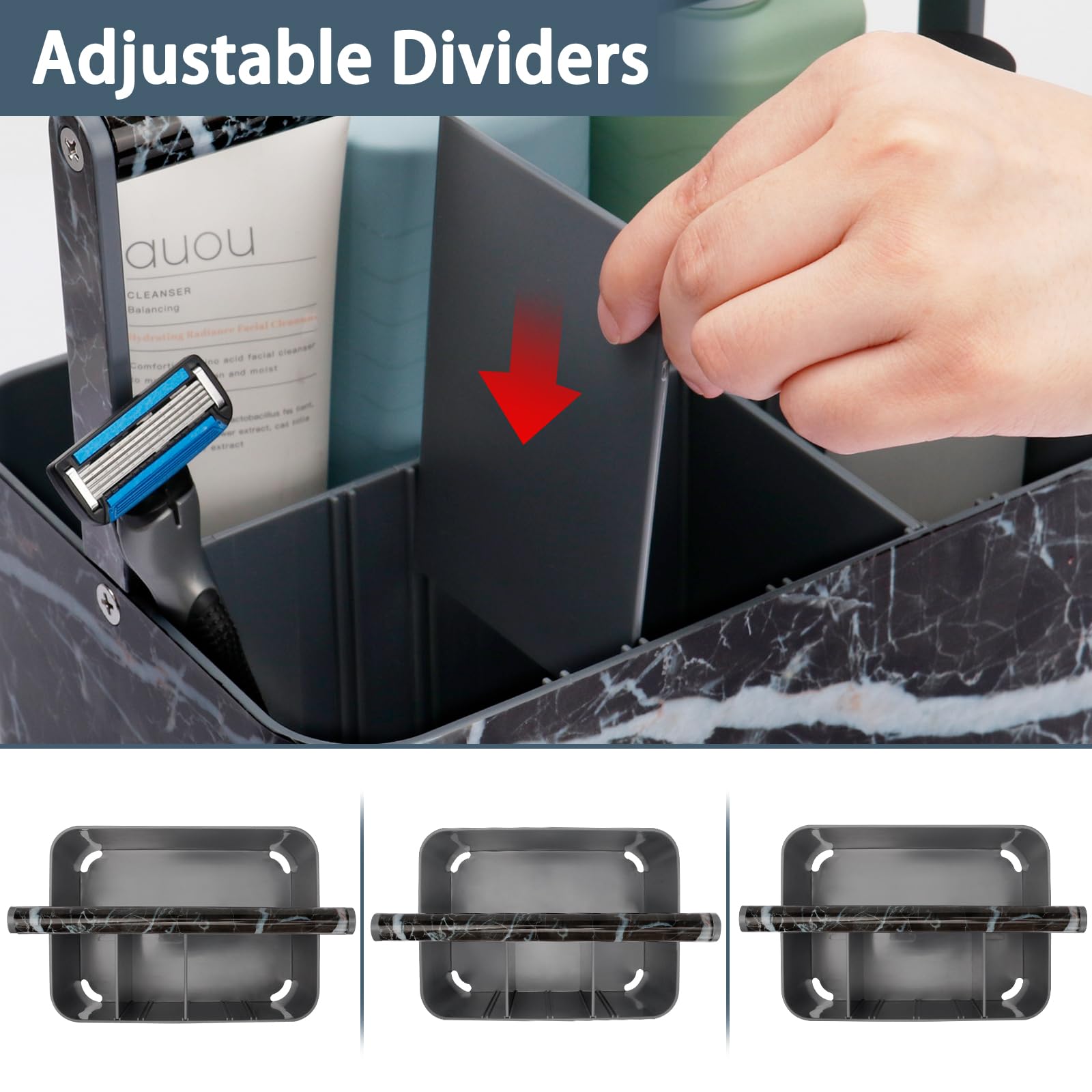 BYUNER Plastic Shower Caddy Dorm: Portable Bathroom Caddy Organizer for College with Handle and Adjustable Divider, Utility Hard Shower Basket Bin Tote for Toiletry,Shampoo,Soap,Cleaning Product Black