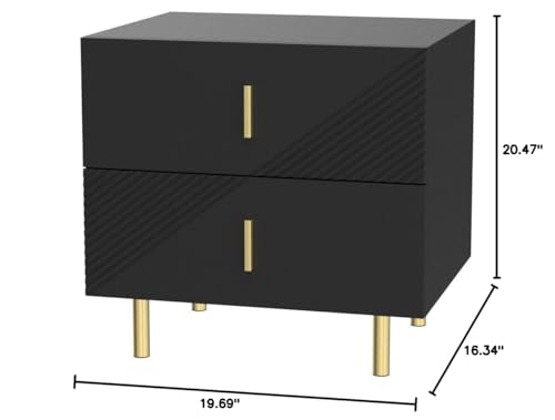 kudikt Black Nightstand with Drawer： Large Nightstand with 2 Drawers Wooden Nightstand for Bedroom Nightstands Black with Gold Adjustable Legs