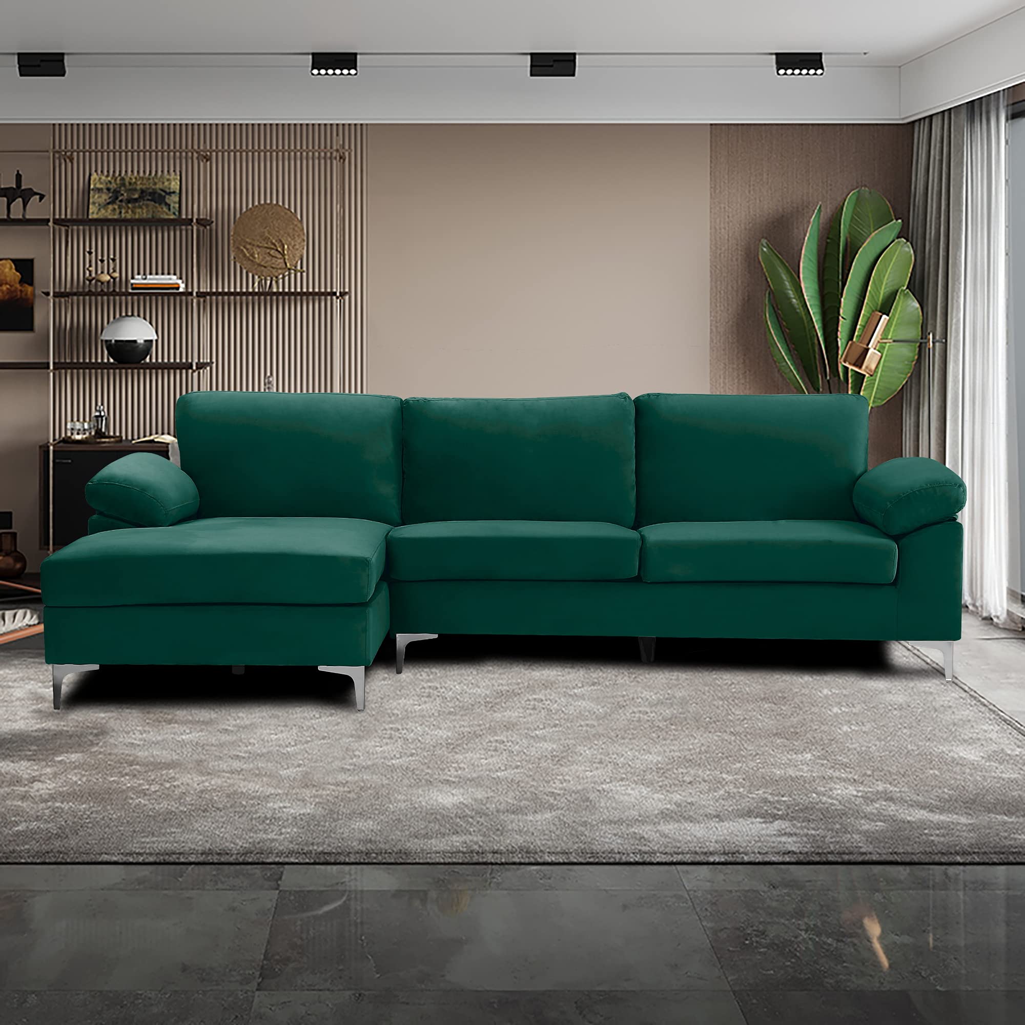 LCH Sectional Couch Living Room,Modern Futon Chaise L-Shape with Arm-Pillows & Metal Legs,Left Hand Facing,Up to 3-Seat Capacity Sleeper Sofa (Velvet Green)