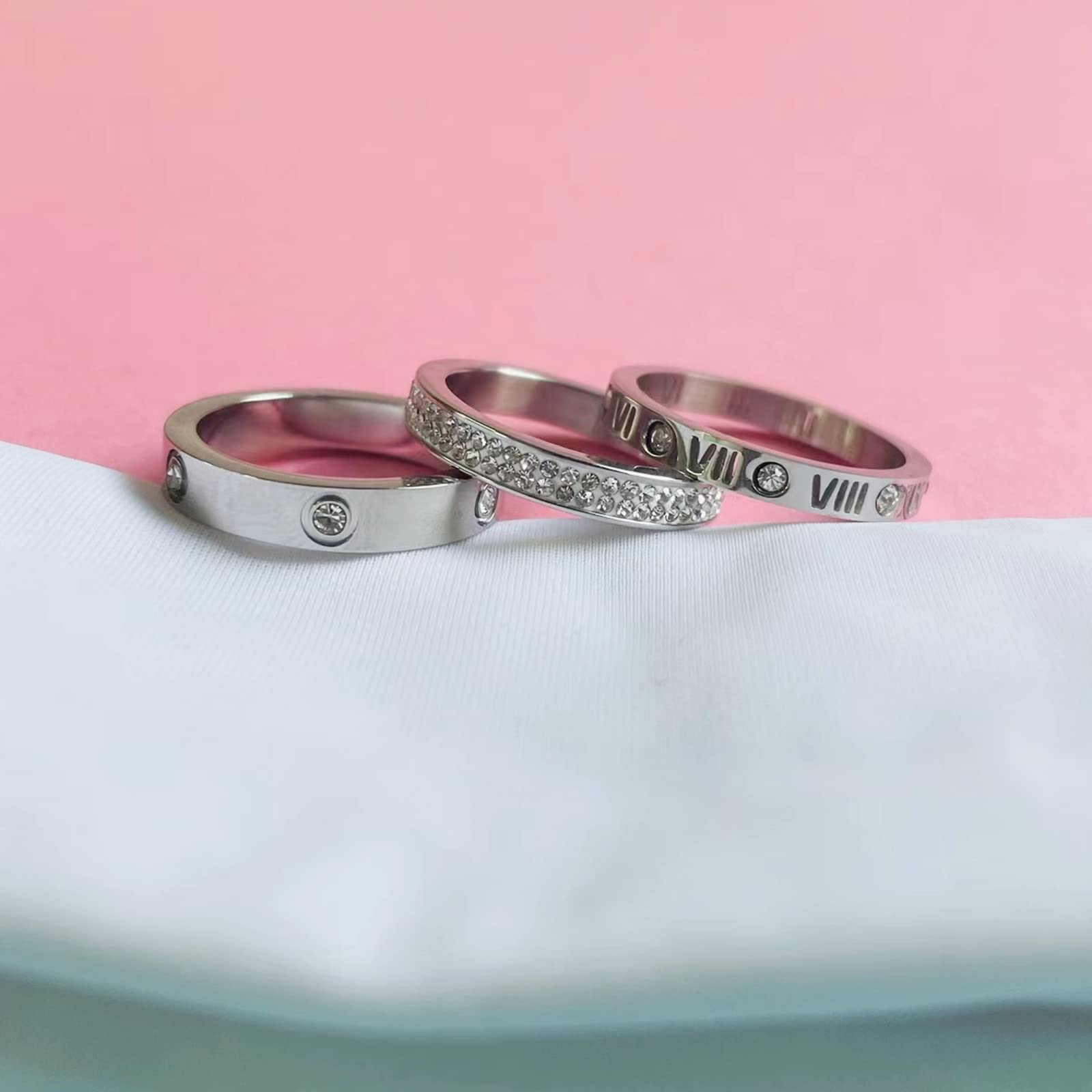 YIKOXI 3pcs Love Friendship Lucky Ring Cubic Zirconia Gold Ring Sets for Women Stainless Steel Wedding Statement Thumb Ring Bands (Silver, 8)