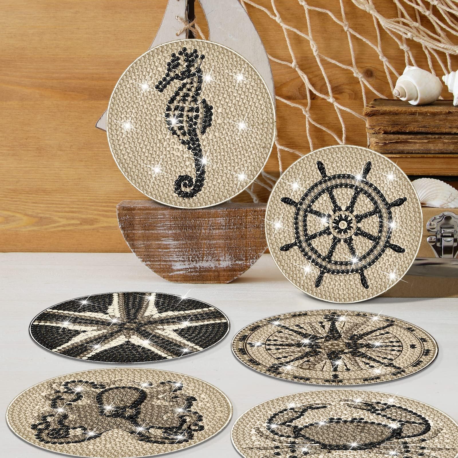 8 PCS Vintage Nautical Diamond Art Coasters Kits with Holder DIY Crab Starfish Compass Diamond Art Coaster Non Slip Coaster for Adults Diamond for Xmas Present
