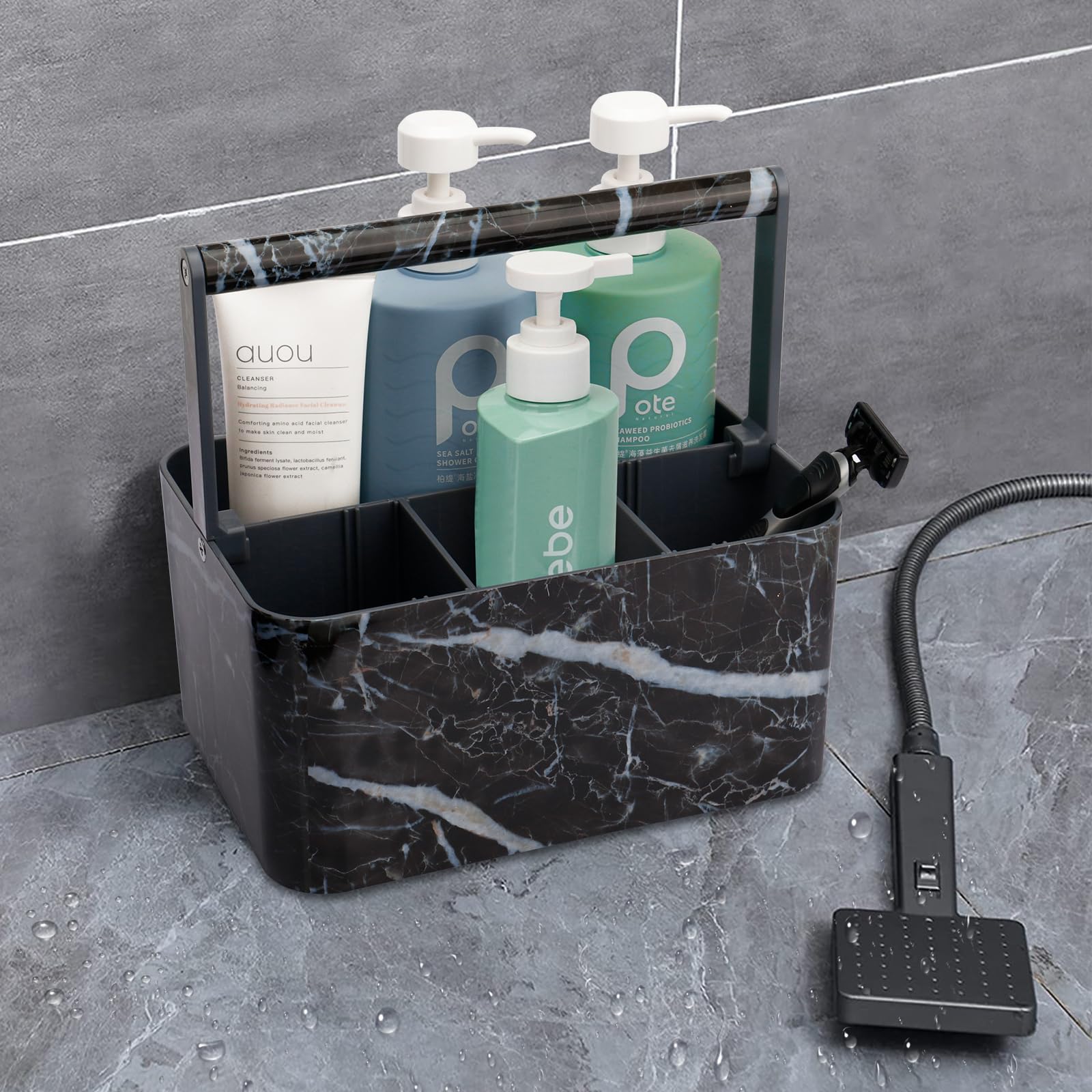 BYUNER Plastic Shower Caddy Dorm: Portable Bathroom Caddy Organizer for College with Handle and Adjustable Divider, Utility Hard Shower Basket Bin Tote for Toiletry,Shampoo,Soap,Cleaning Product Black