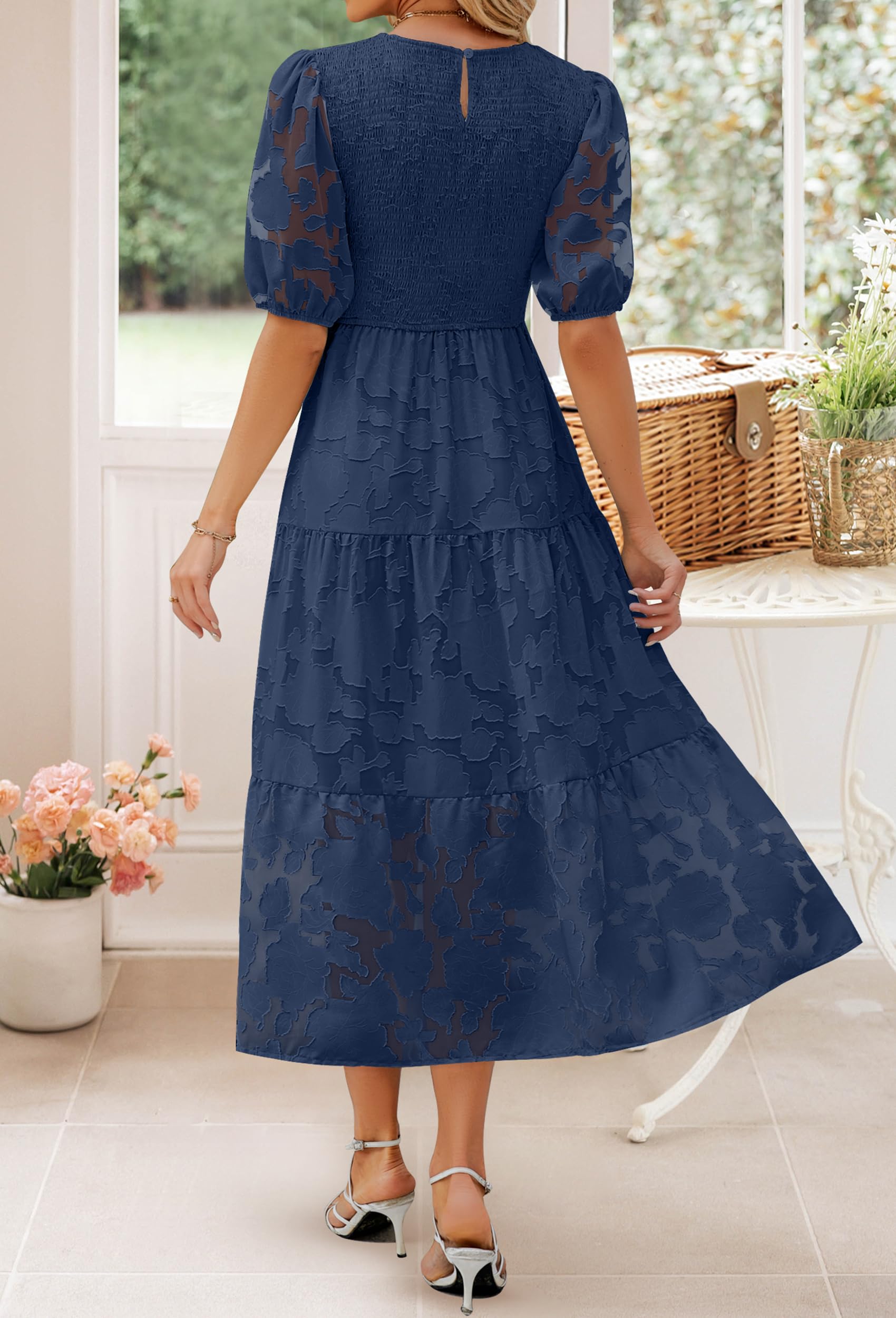 ZESICA Women's 2025 Summer Short Puff Sleeve Crewneck Smocked Floral Lace Flowy A Line Tiered Maxi Dresses,Navy,Large