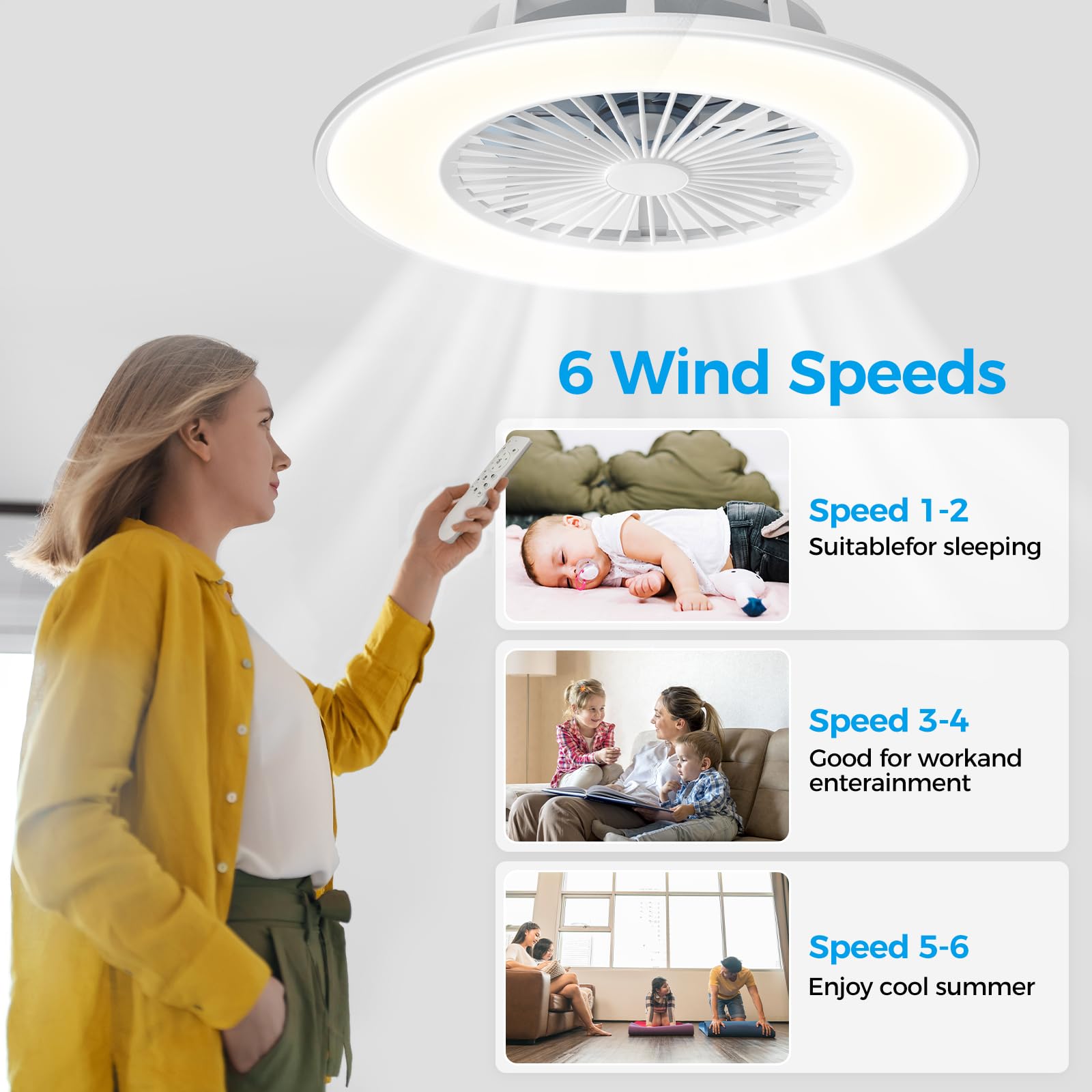 22 Inch Ceiling Fan with Lights Remote Control, Bladeless Bedroom Ceiling Fans with Lights Dimmable, 6 Speeds LED Ceiling Fan Quiet, Night Light/Color Temperature Adjustment/Timing Off/App Control