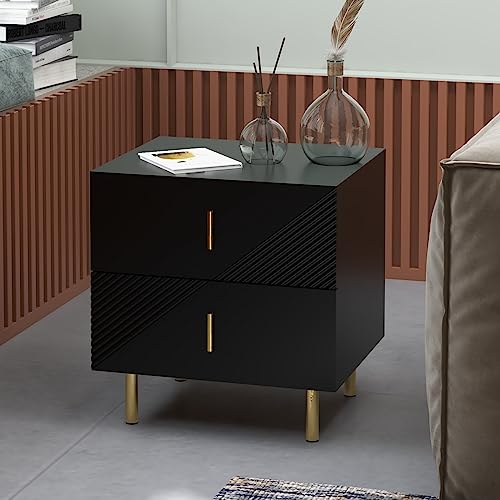 kudikt Black Nightstand with Drawer： Large Nightstand with 2 Drawers Wooden Nightstand for Bedroom Nightstands Black with Gold Adjustable Legs