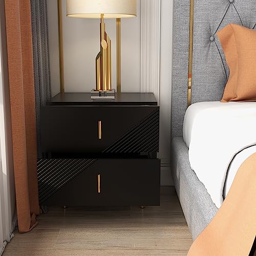 kudikt Black Nightstand with Drawer： Large Nightstand with 2 Drawers Wooden Nightstand for Bedroom Nightstands Black with Gold Adjustable Legs