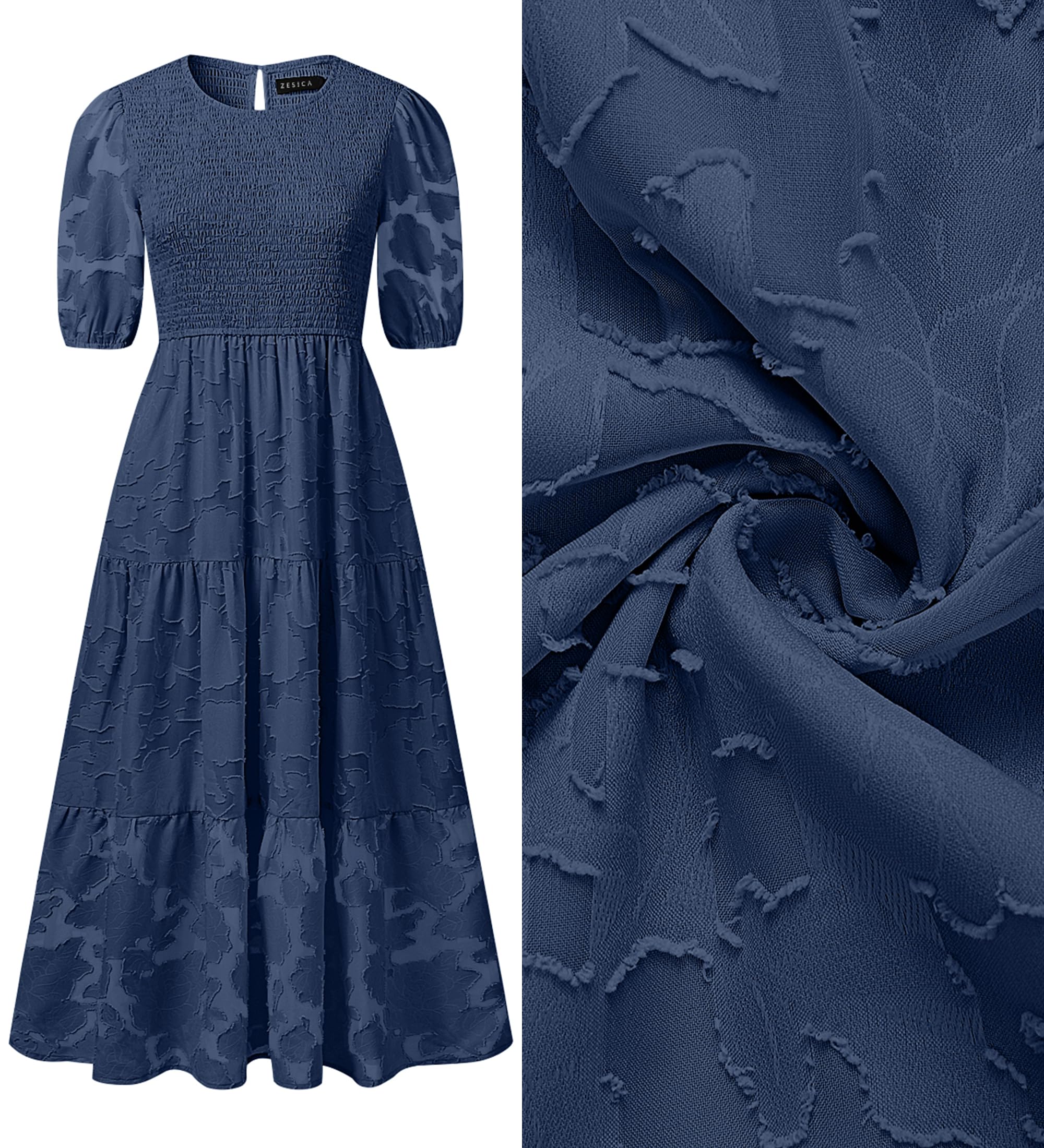 ZESICA Women's 2025 Summer Short Puff Sleeve Crewneck Smocked Floral Lace Flowy A Line Tiered Maxi Dresses,Navy,Large