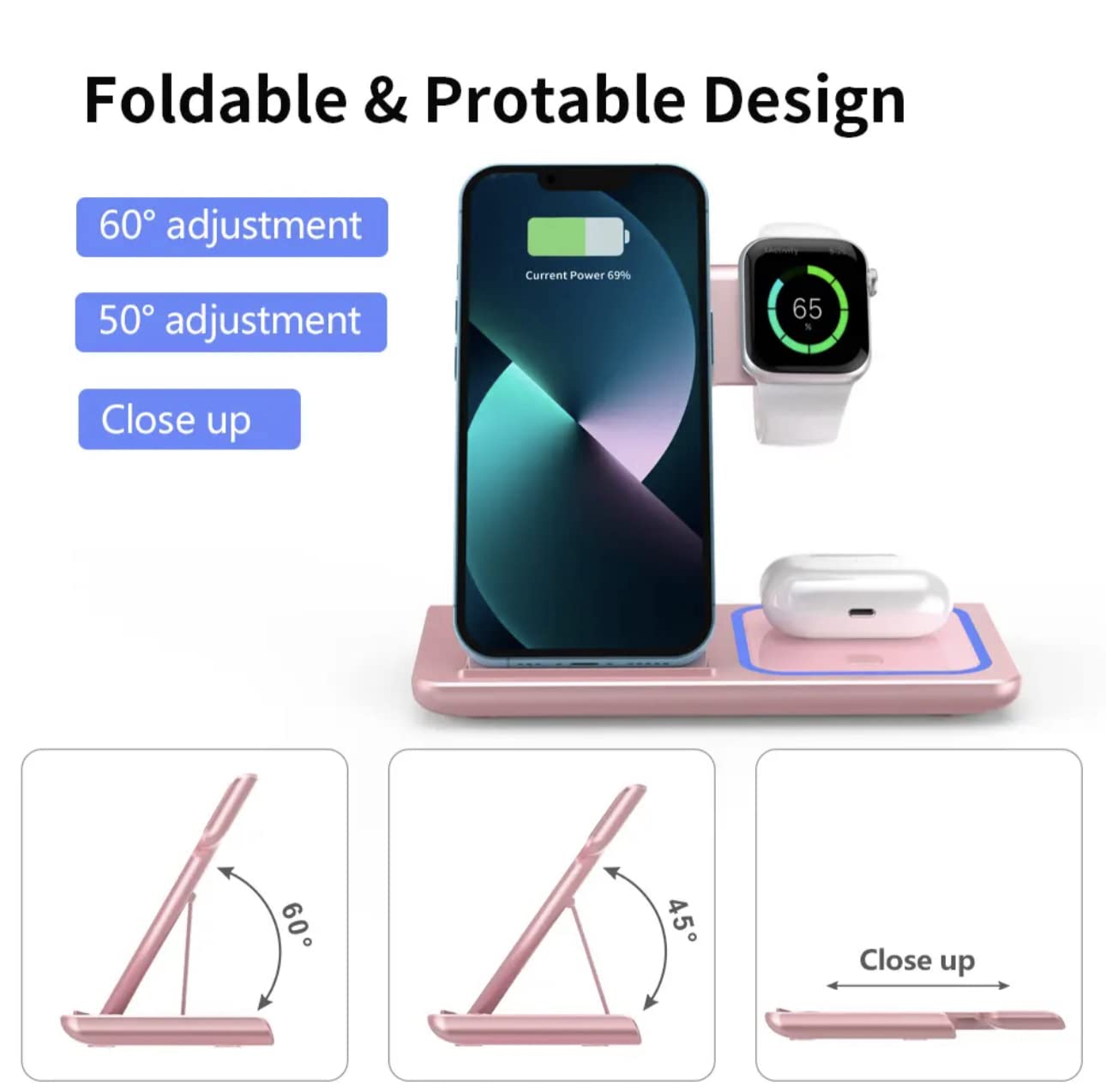 Wireless Charging Station, 3 in 1 Fast Charging Dock for iPhone 14/13/12/11/Pro/X/Max/XS/XR/8/Plus, Apple Watch7/6/5/4/3/2/SE, for Airpods 3/2/Pr0 Wireless Charging Station for Apple (Pink)