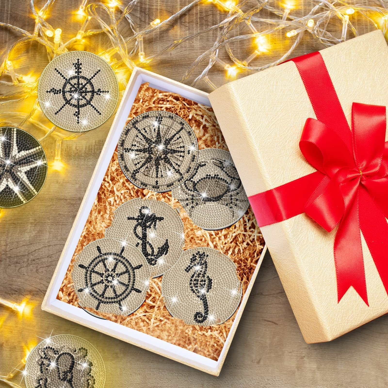 8 PCS Vintage Nautical Diamond Art Coasters Kits with Holder DIY Crab Starfish Compass Diamond Art Coaster Non Slip Coaster for Adults Diamond for Xmas Present