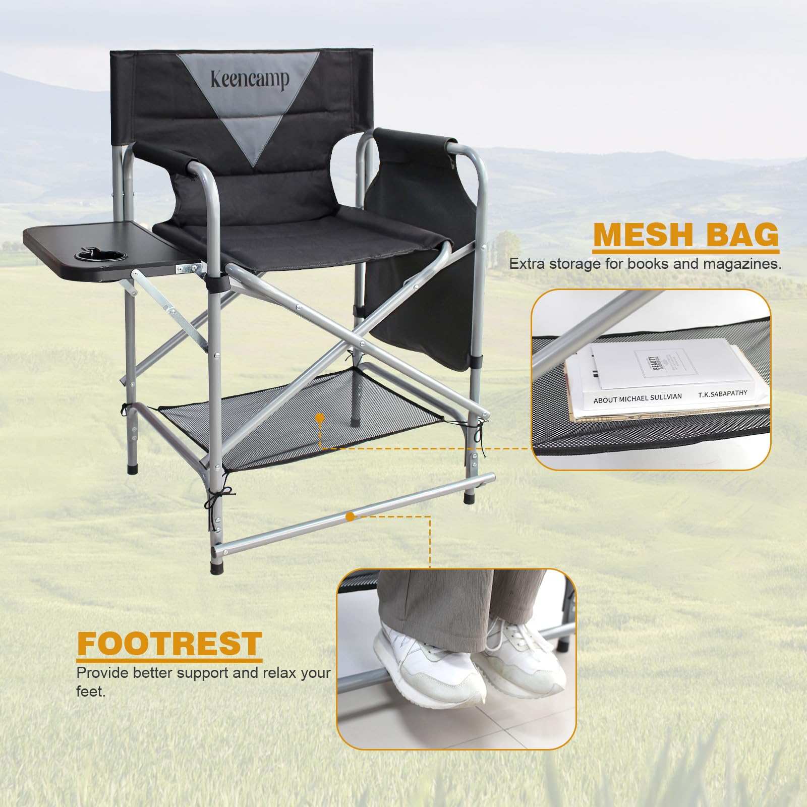 BAYIEIUI Medium Tall Folding Directors Chair with Side Table Storage Pocket Portable Camping Makeup Artist Bar Chair Supports 400 lbs 22.44" Seat Height