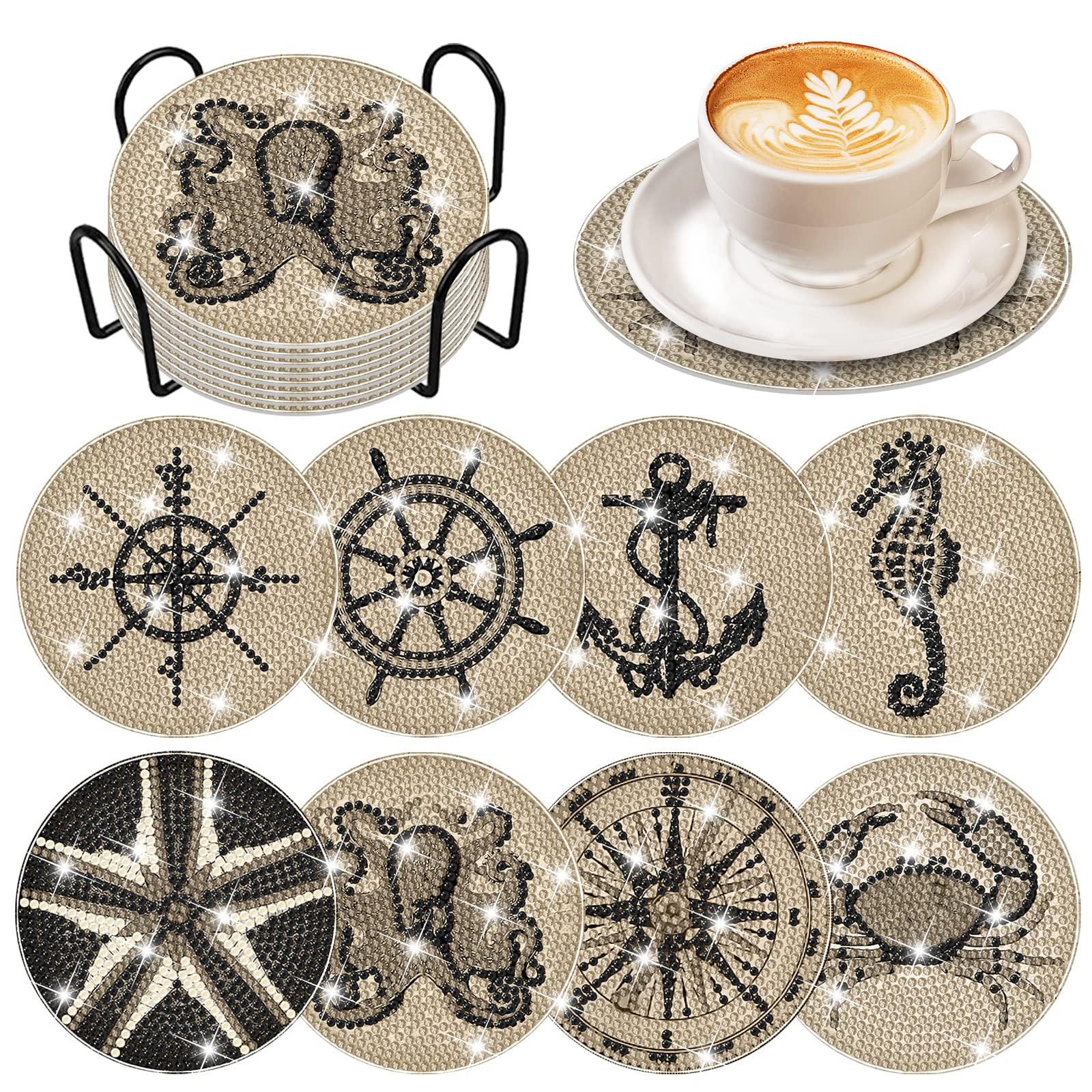 8 PCS Vintage Nautical Diamond Art Coasters Kits with Holder DIY Crab Starfish Compass Diamond Art Coaster Non Slip Coaster for Adults Diamond for Xmas Present