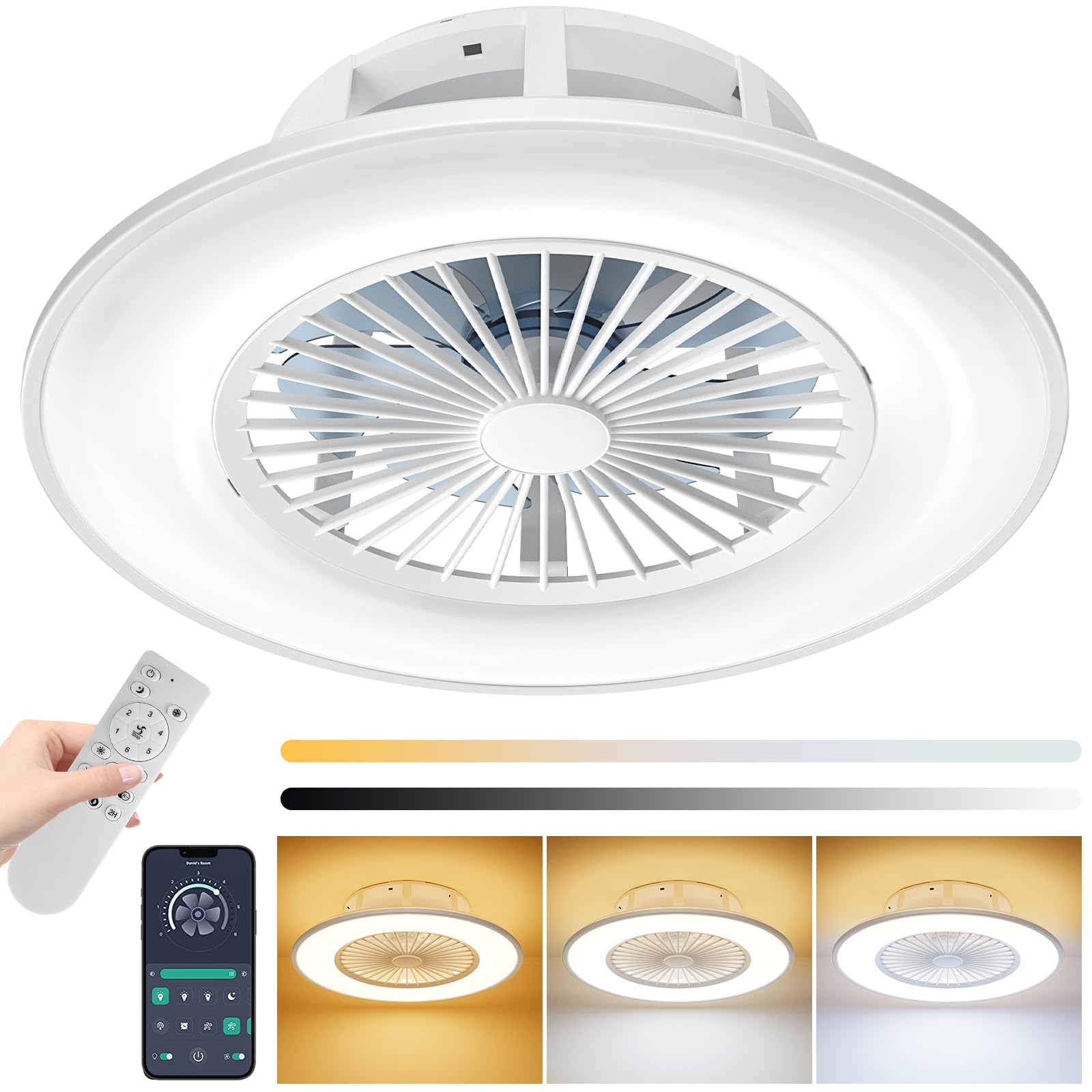 22 Inch Ceiling Fan with Lights Remote Control, Bladeless Bedroom Ceiling Fans with Lights Dimmable, 6 Speeds LED Ceiling Fan Quiet, Night Light/Color Temperature Adjustment/Timing Off/App Control