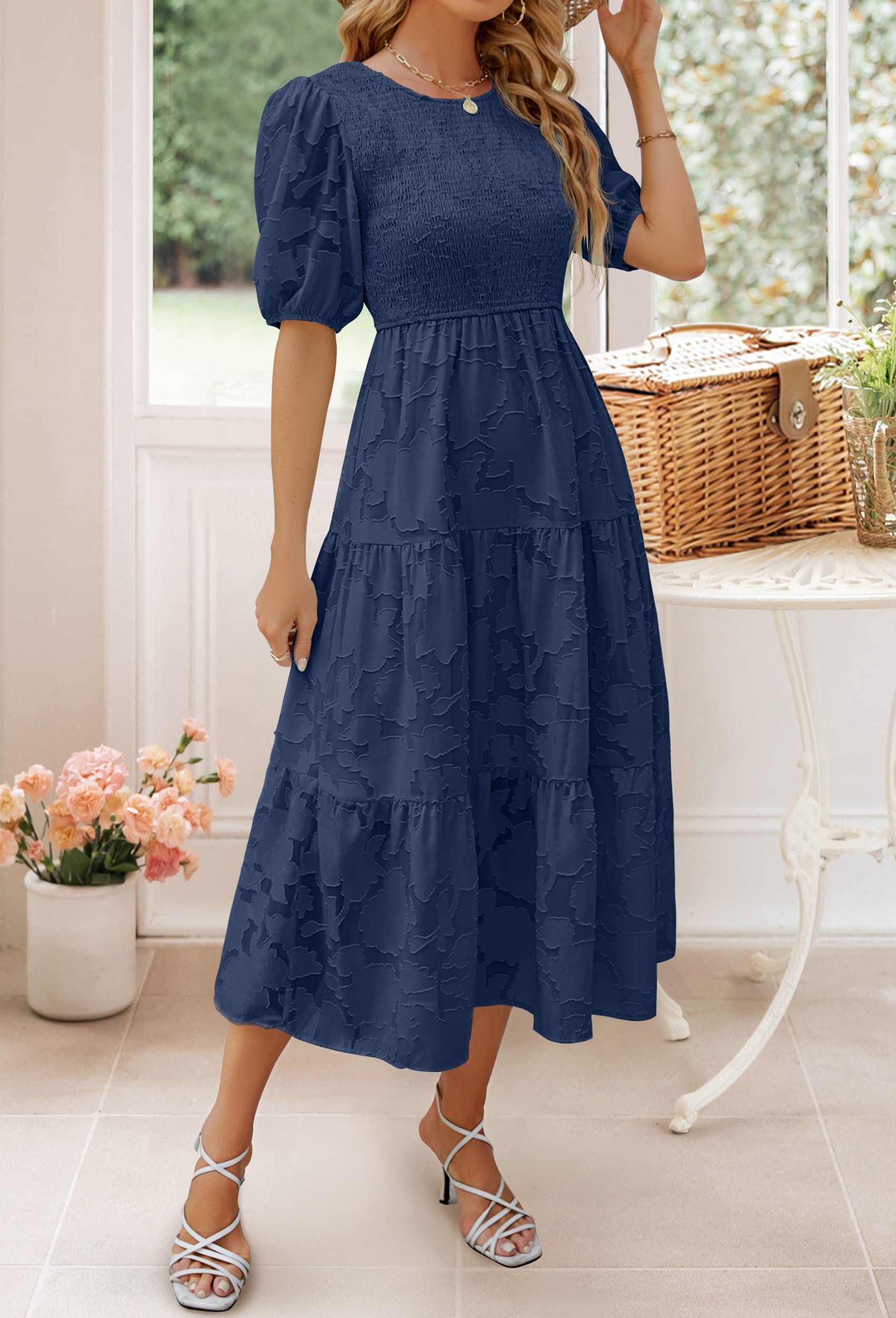 ZESICA Women's 2025 Summer Short Puff Sleeve Crewneck Smocked Floral Lace Flowy A Line Tiered Maxi Dresses,Navy,Large