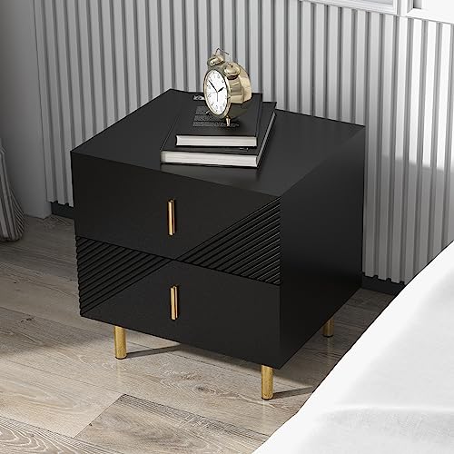 kudikt Black Nightstand with Drawer： Large Nightstand with 2 Drawers Wooden Nightstand for Bedroom Nightstands Black with Gold Adjustable Legs